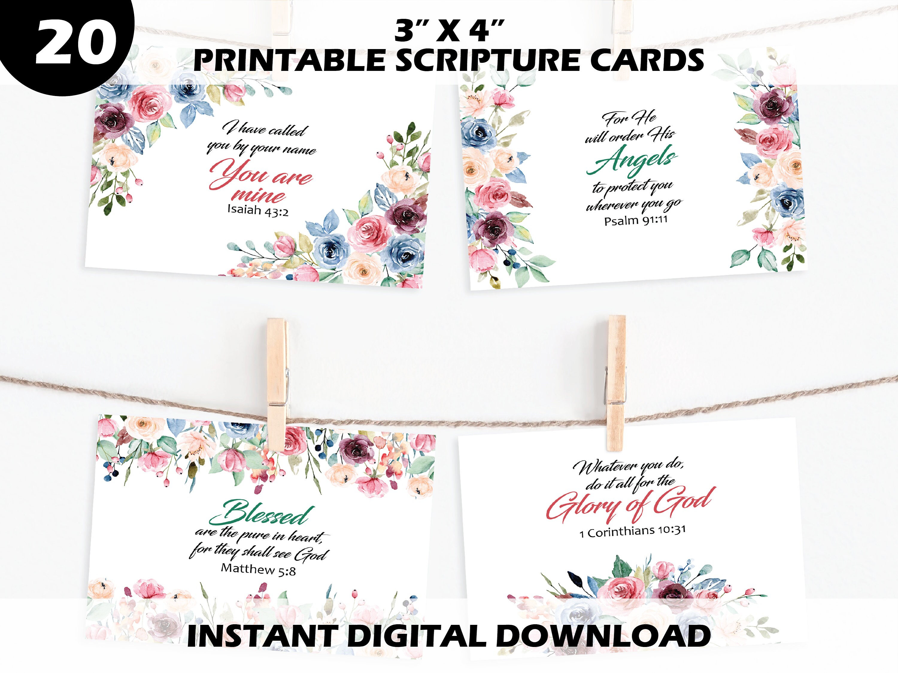 Printable Botanical Scripture Card Bundle, Set of 20 Encouraging Bible ...