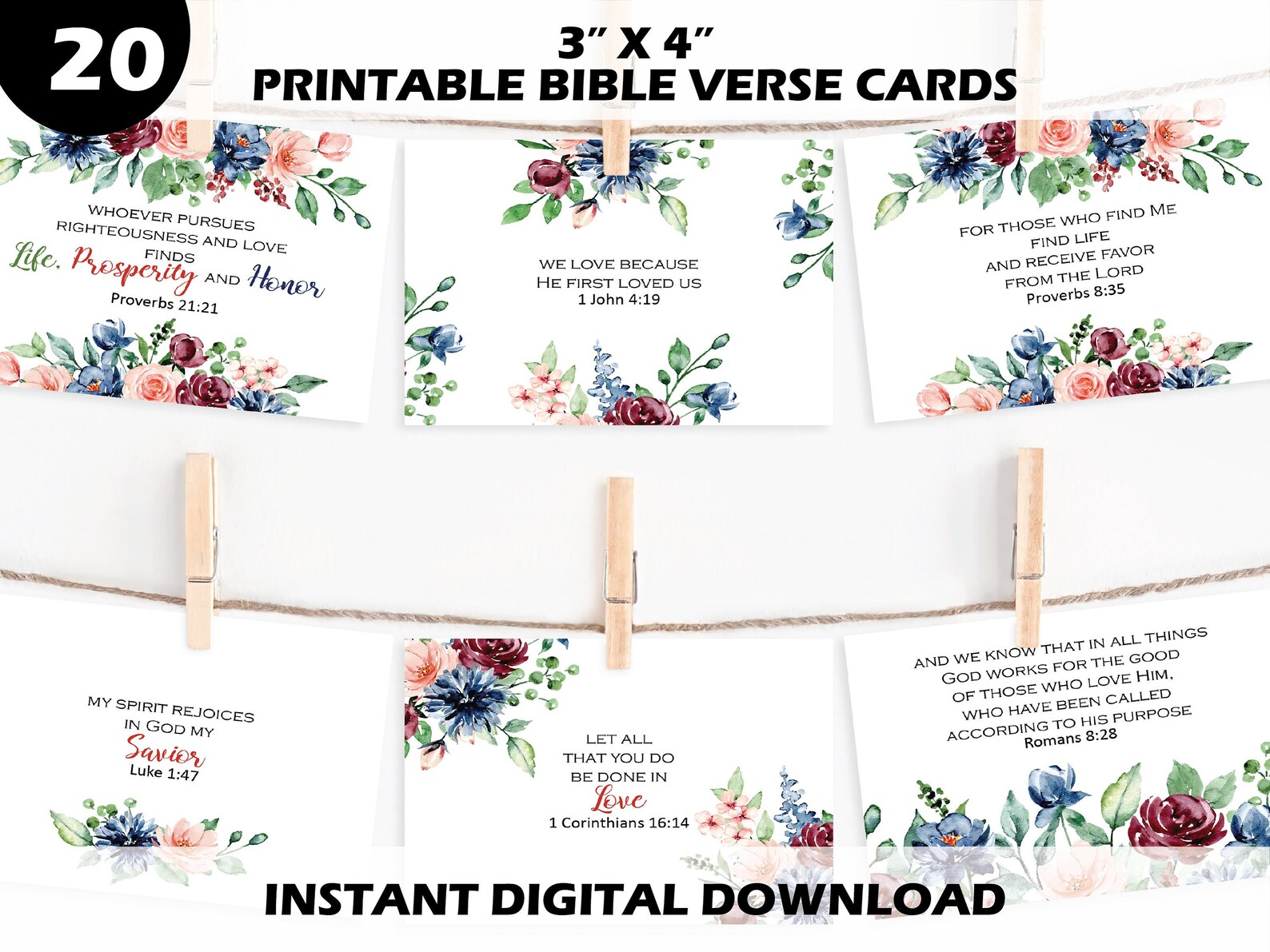 Mini Bible Verse Cards, Burgundy Blue Peach Watercolor Affirmation ...