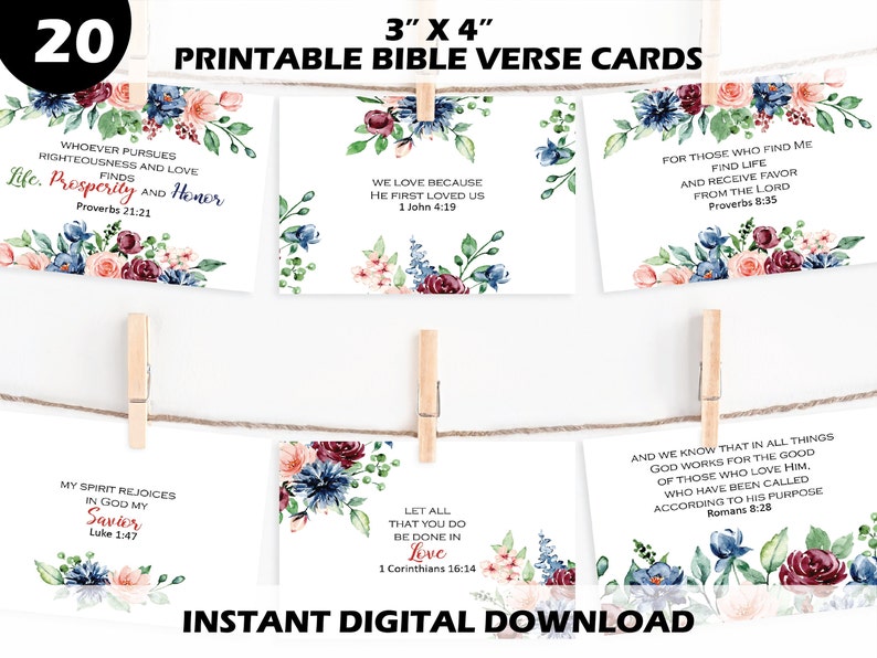 Mini Bible Verse Cards, Burgundy Blue Peach Watercolor Affirmation ...