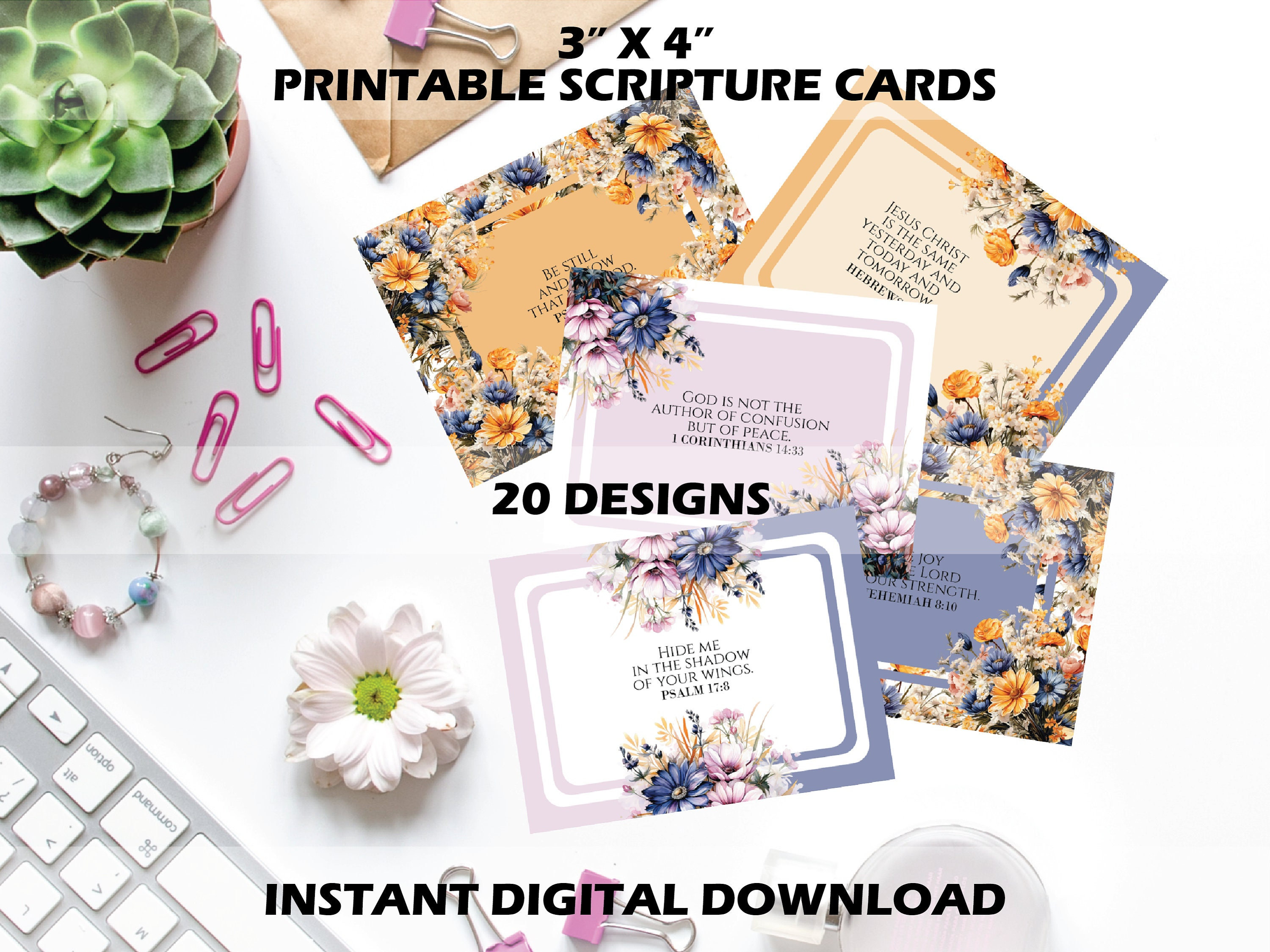 20 Mini Bible Insert Cards With Blue, Yellow and Pink Watercolor ...