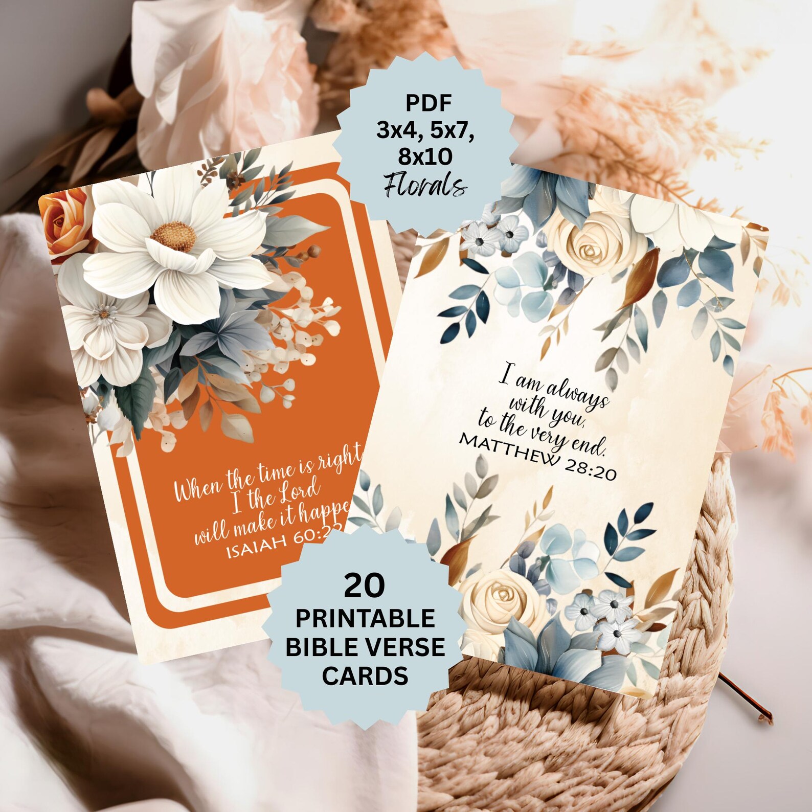 Bible Verse Cards, White Flower Arrangement Watercolor Cards With Blue ...
