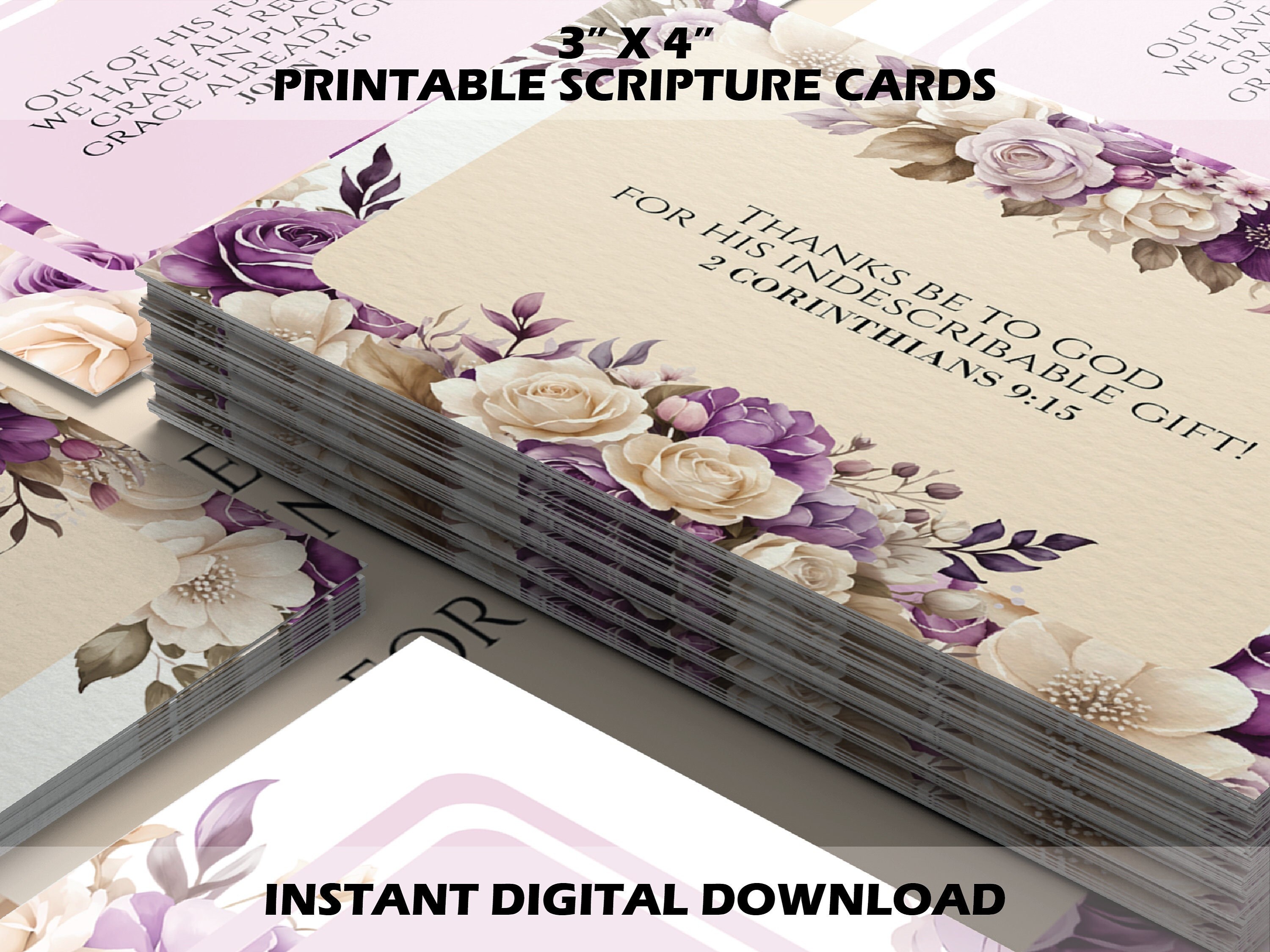 20 Bible Verse Cards With Purple Cream Flower Watercolor Bouquets ...