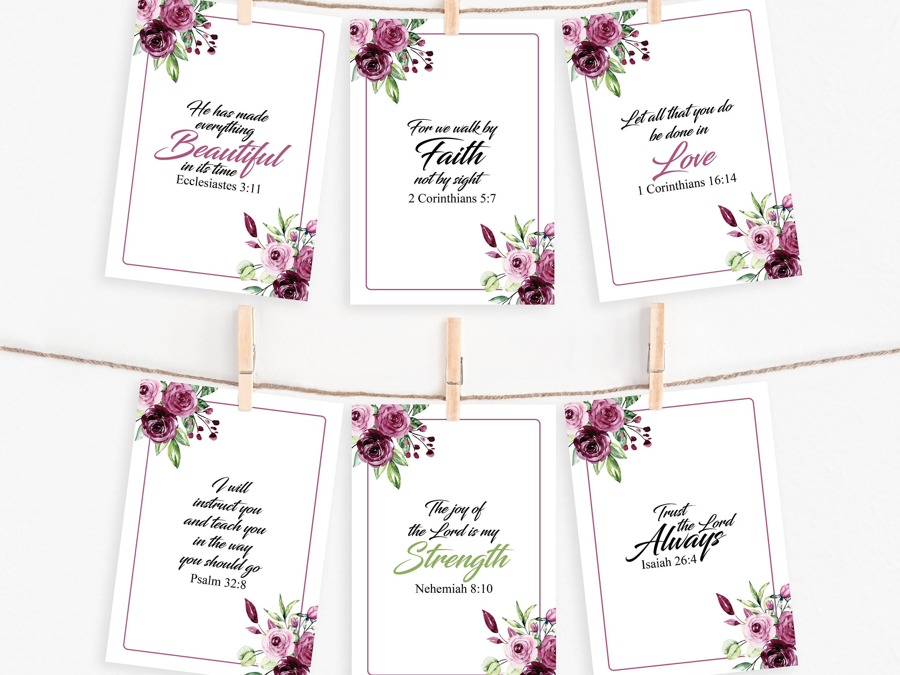 6 Bible Verse Printable Scripture Note Cards Watercolor Designs, 5x7 ...