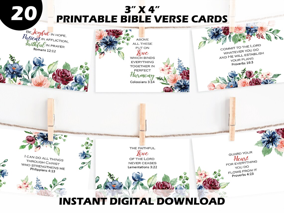 Mini Bible Verse Cards, Burgundy Blue Peach Watercolor Affirmation ...