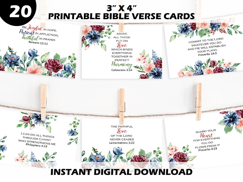 Mini Bible Verse Cards, Burgundy Blue Peach Watercolor Affirmation ...