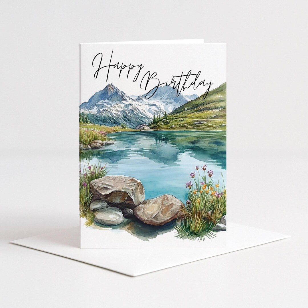 Lake Landscape Birthday Card for Him, Nature Greeting Card, Watercolor ...
