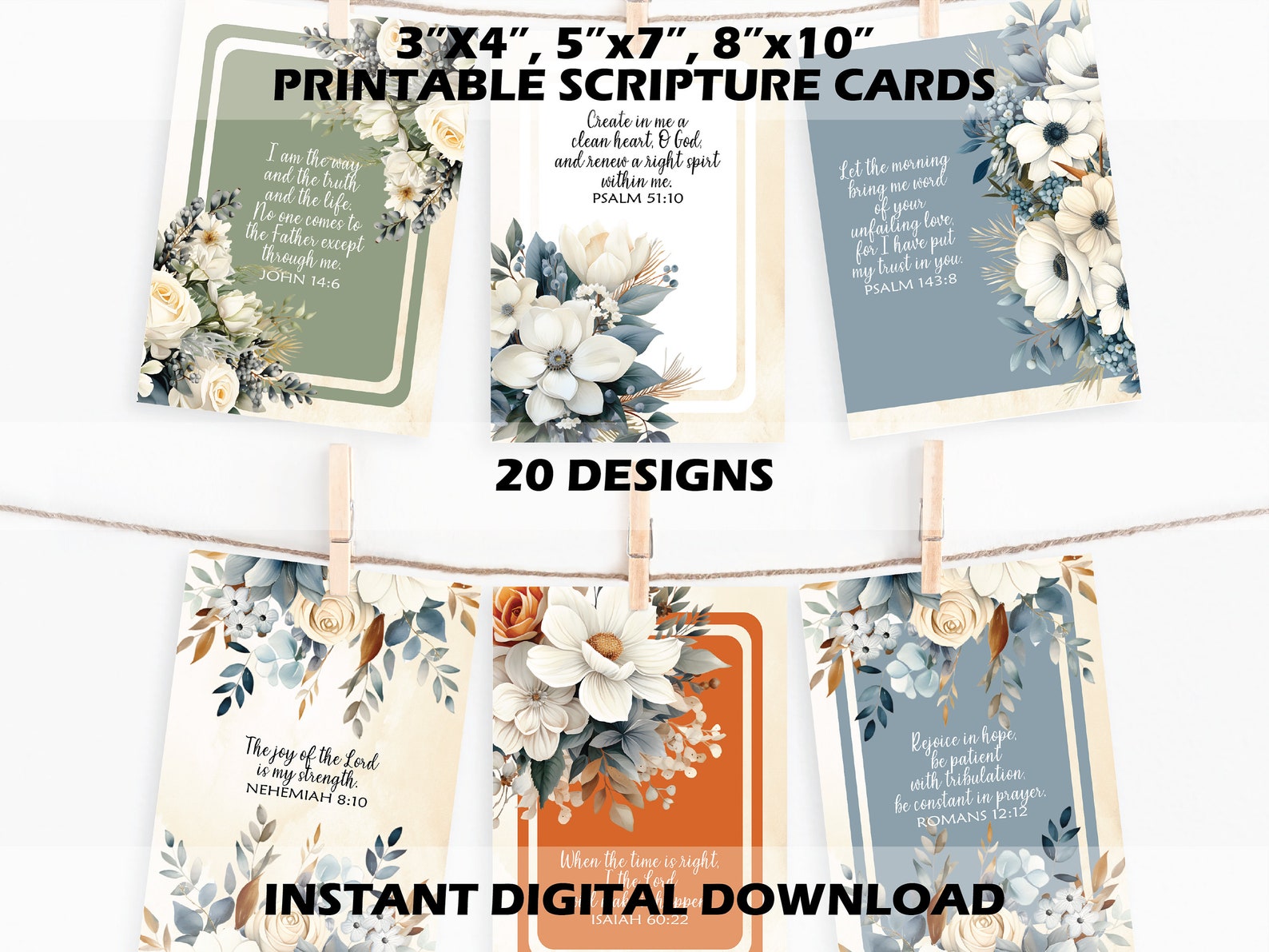 Bible Verse Cards, White Flower Arrangement Watercolor Cards With Blue ...