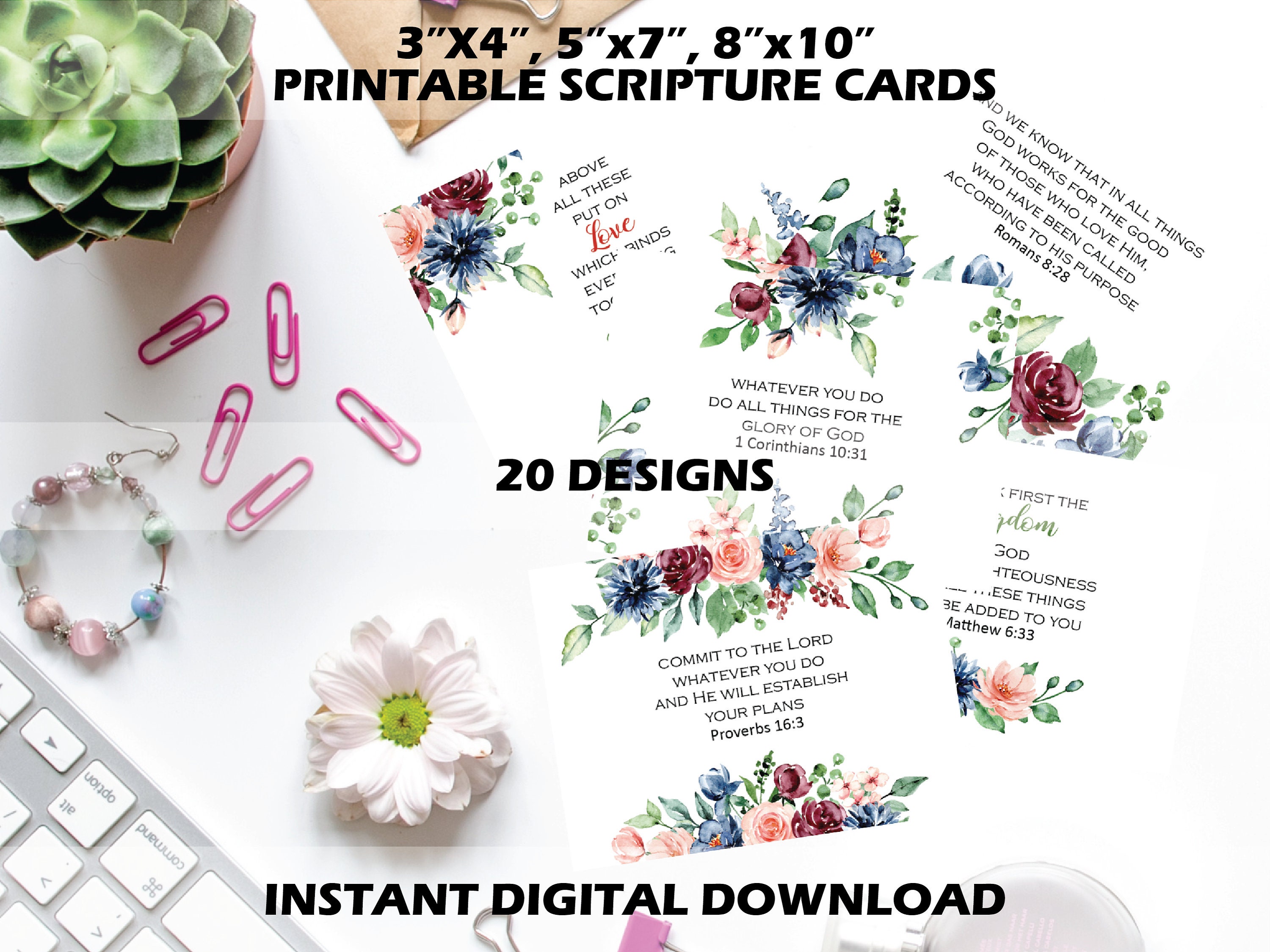Mini Bible Verse Cards, Burgundy Blue Peach Watercolor Affirmation ...