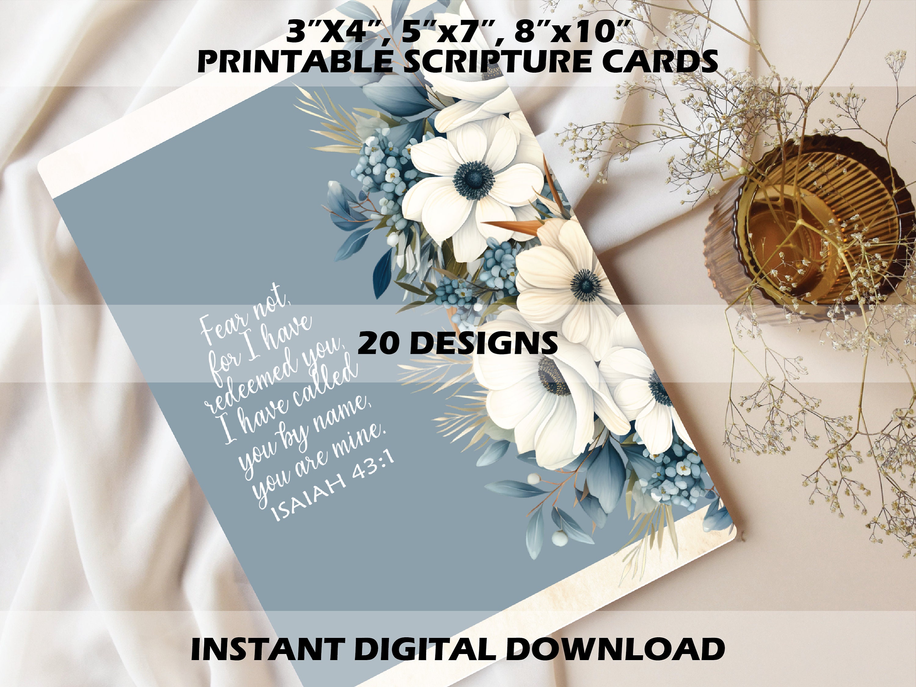 Bible Verse Cards, White Flower Arrangement Watercolor Cards With Blue ...