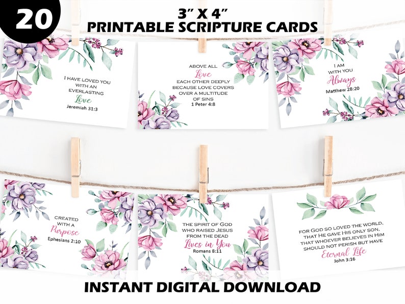 Bible Verse Affirmation Printable Cards Pink Purple Botanical ...