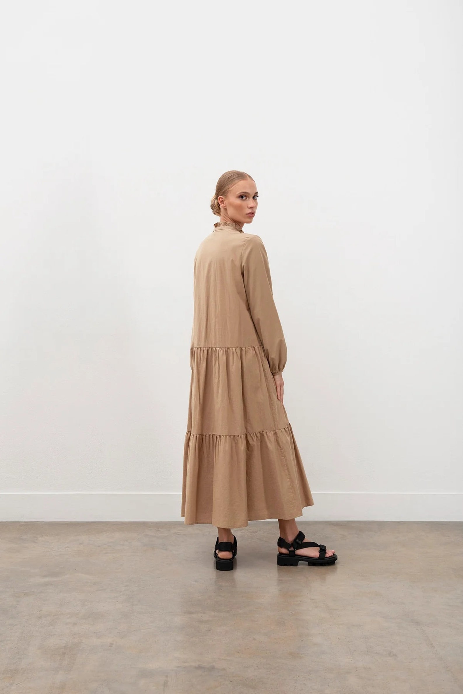 Tan Buttoned Maxi Dress Women's Long Sleeve Dress Tiered Cotton Dress ...