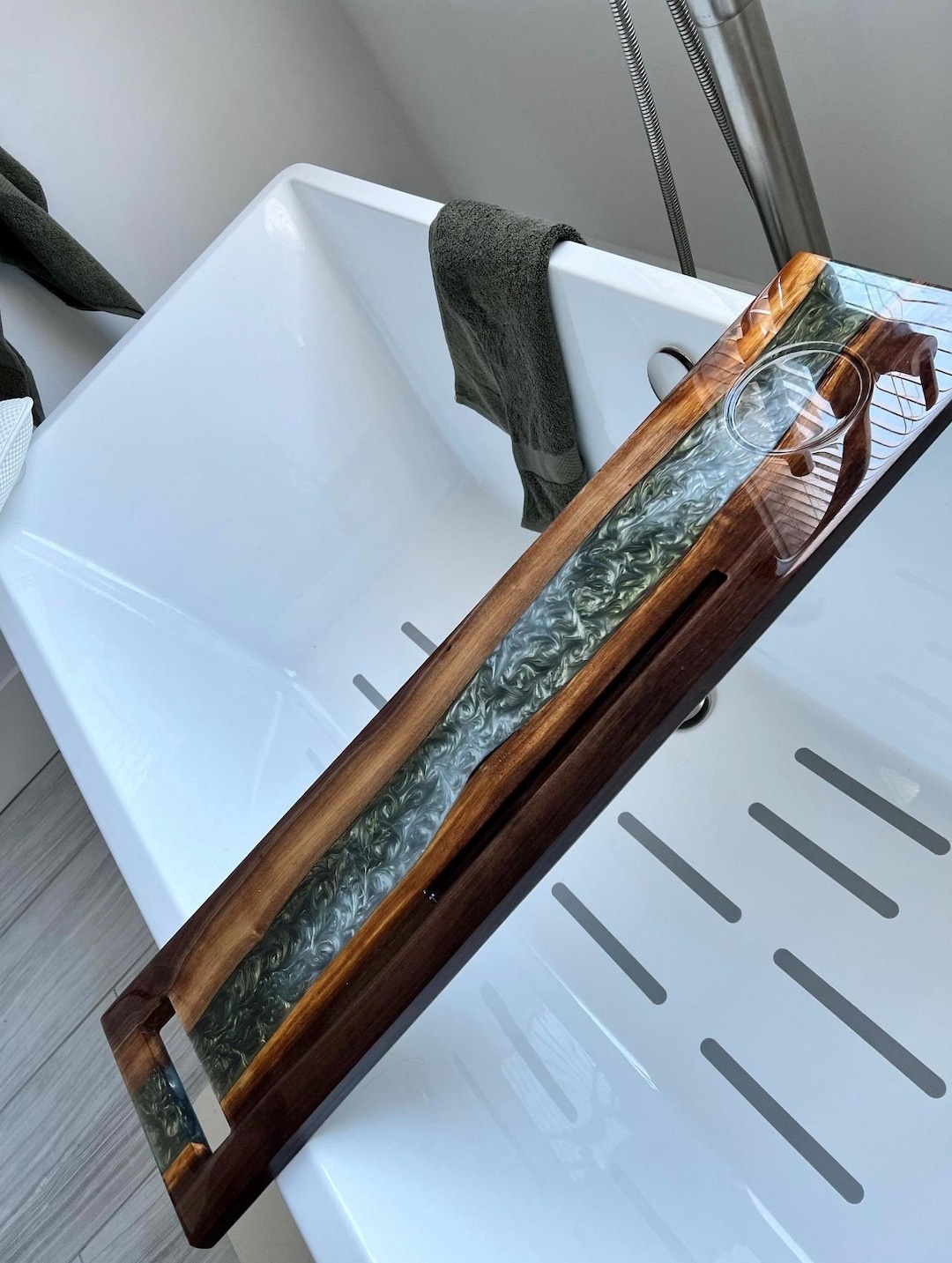 Customizable Live Edge Walnut River Epoxy Resin Tub Caddy - Etsy