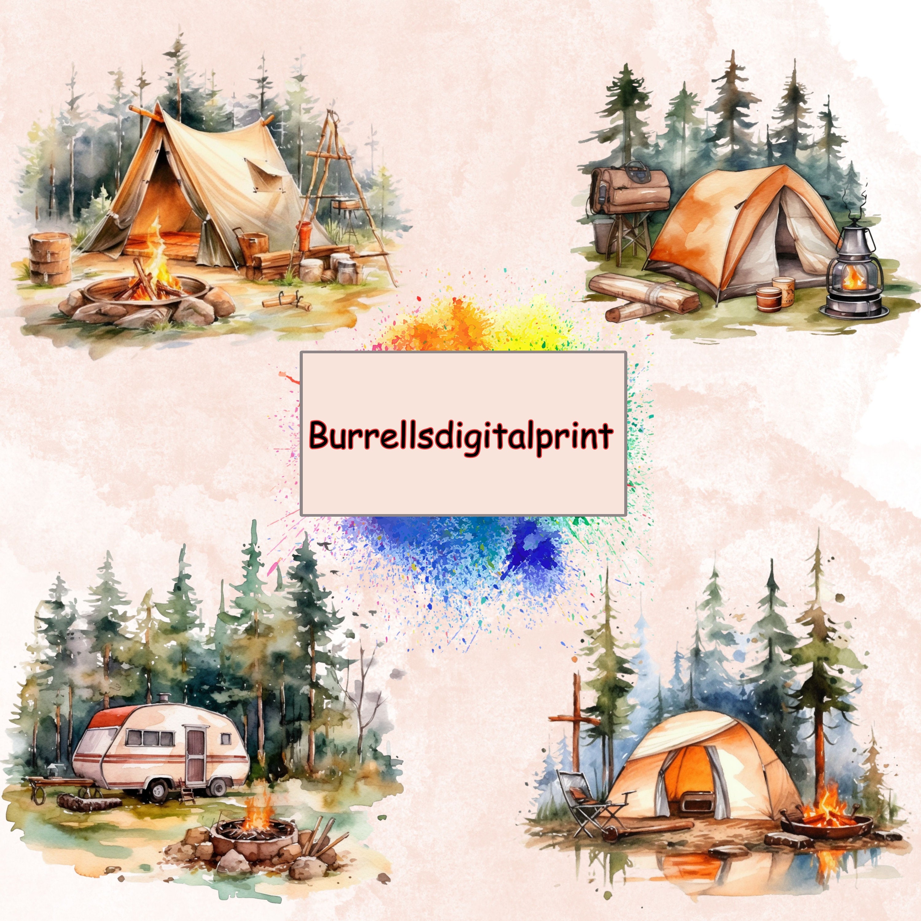 Watercolor Camping Clipart PNG Bundle, Watercolor Digital Scrapbooking ...