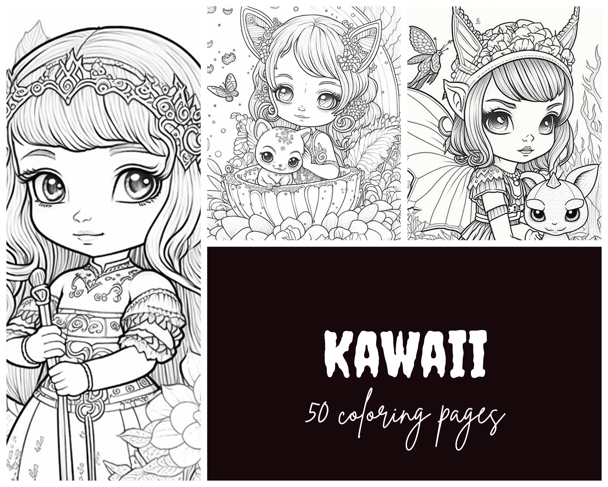 50 Pack Stress Relief Coloring Page, Kawaii Digital Print, Instant ...