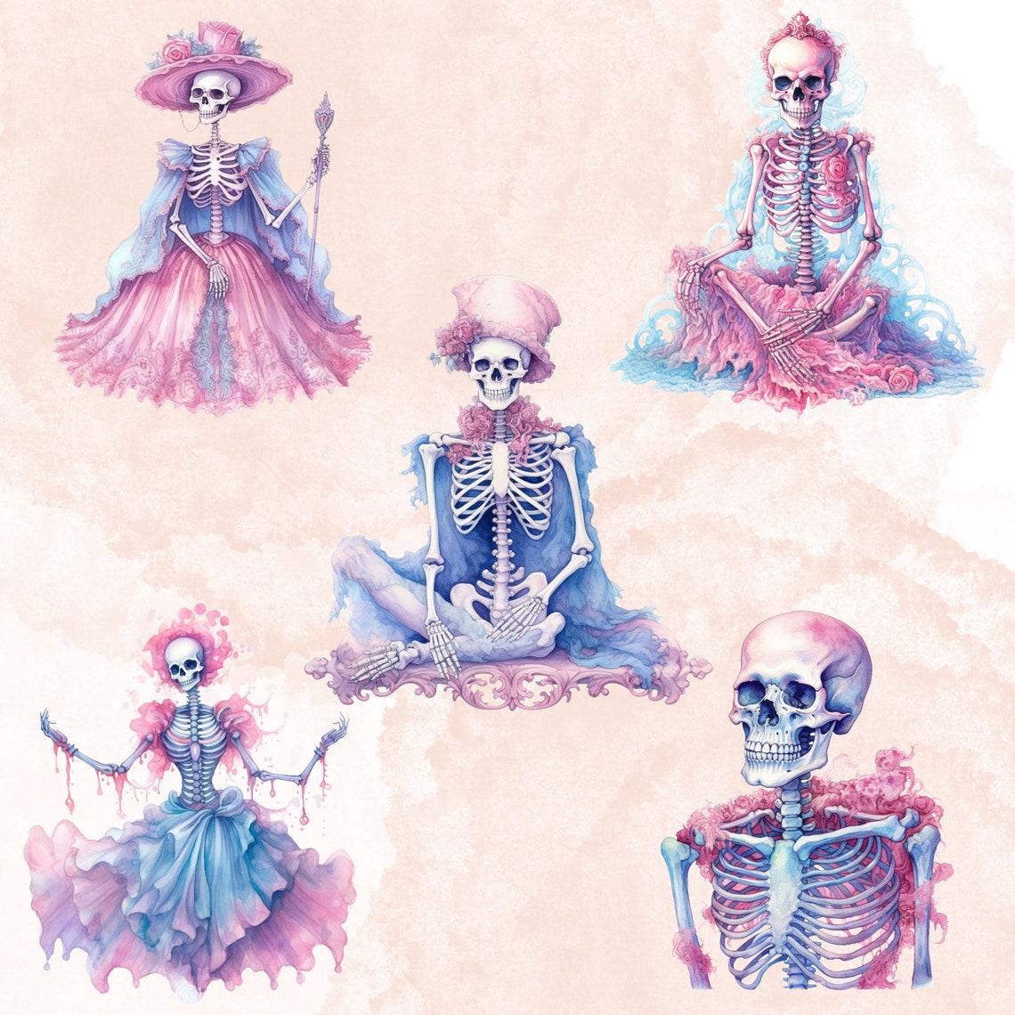 Pastel Skeleton Clipart Bundle, Clipart for Commercial Use, Transparent ...