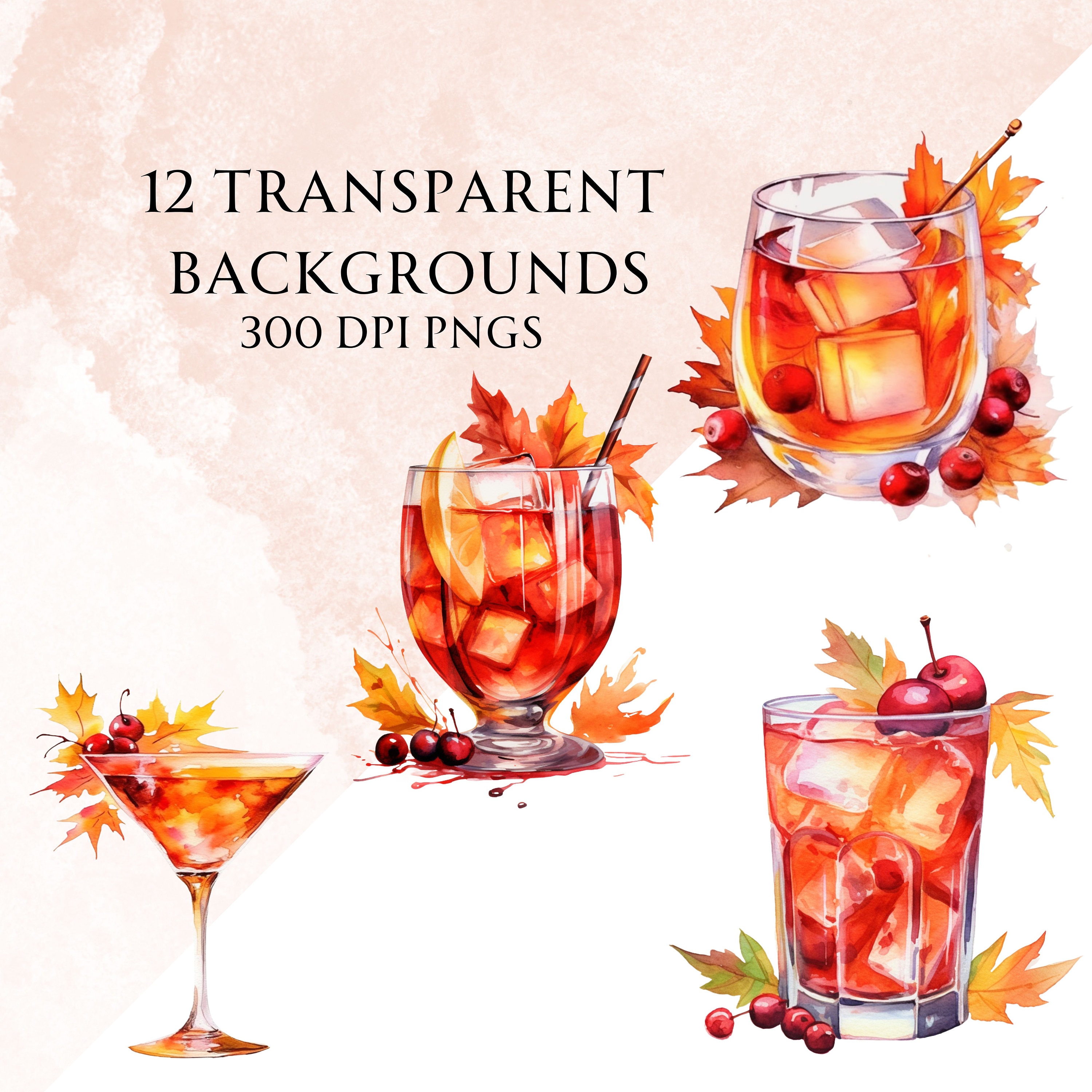 Watercolor Fall Cocktail Clipart PNG Bundle, Watercolor Digital ...