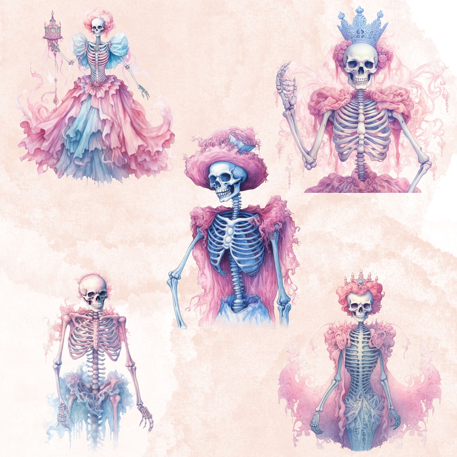 Pastel Skeleton Clipart Bundle, Clipart for Commercial Use, Transparent ...