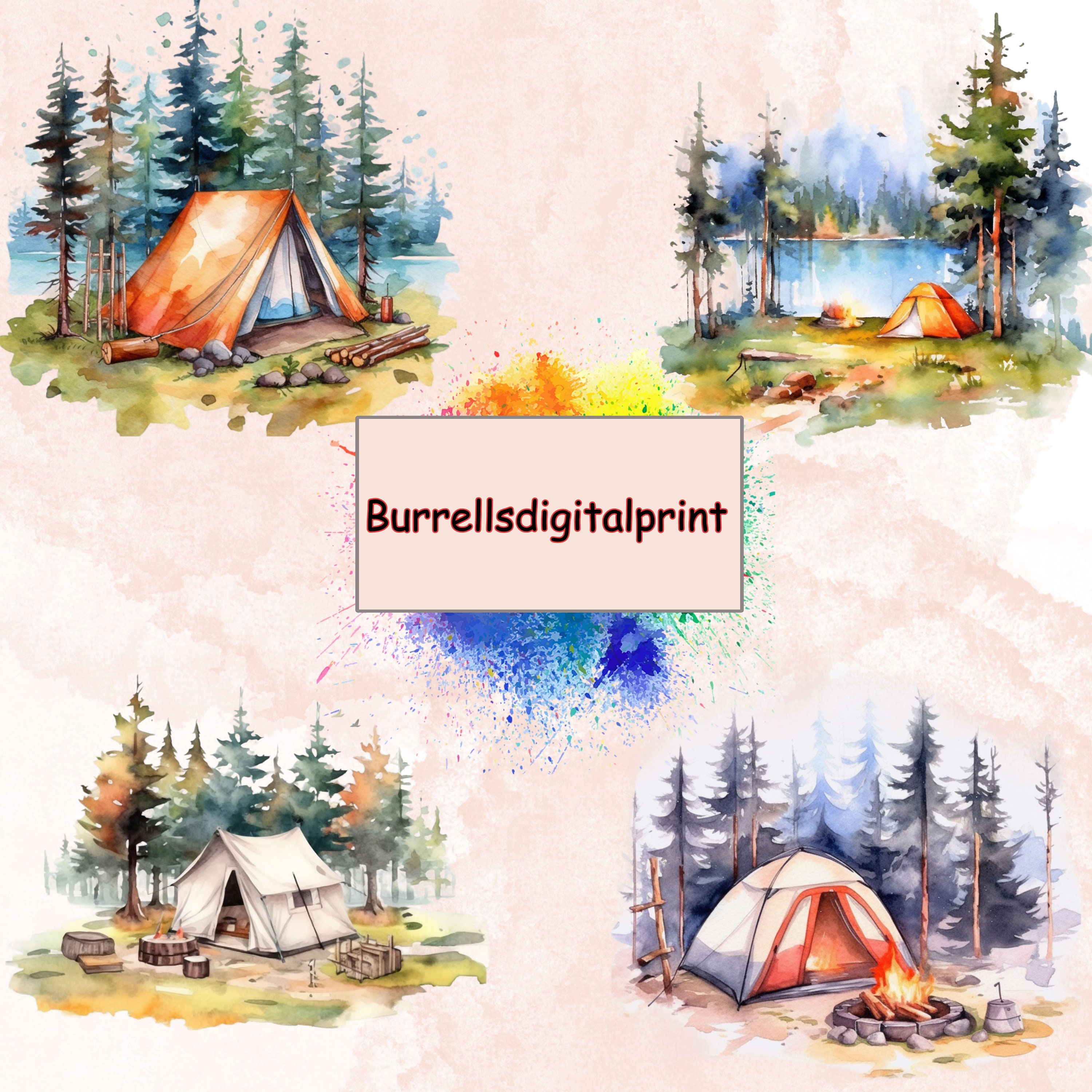 Watercolor Camping Clipart PNG Bundle, Watercolor Digital Scrapbooking ...