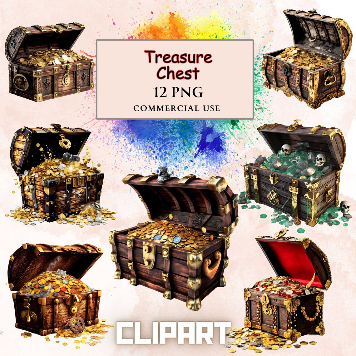Treasure Chest Clipart PNG Bundle, Digital Scrapbooking Elements ...