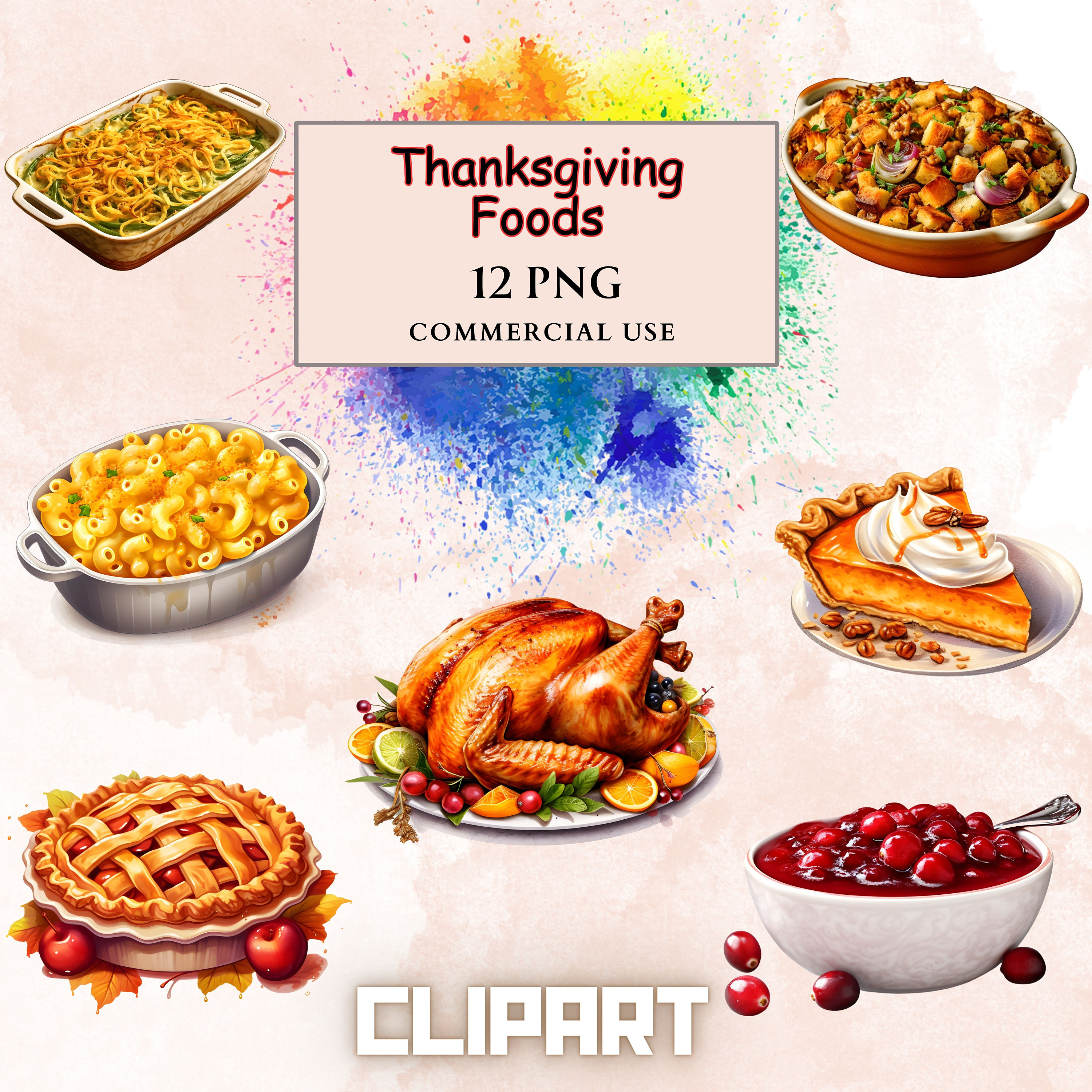 Thanksgiving Food Clipart PNG Bundle, Watercolor Digital Scrapbooking ...
