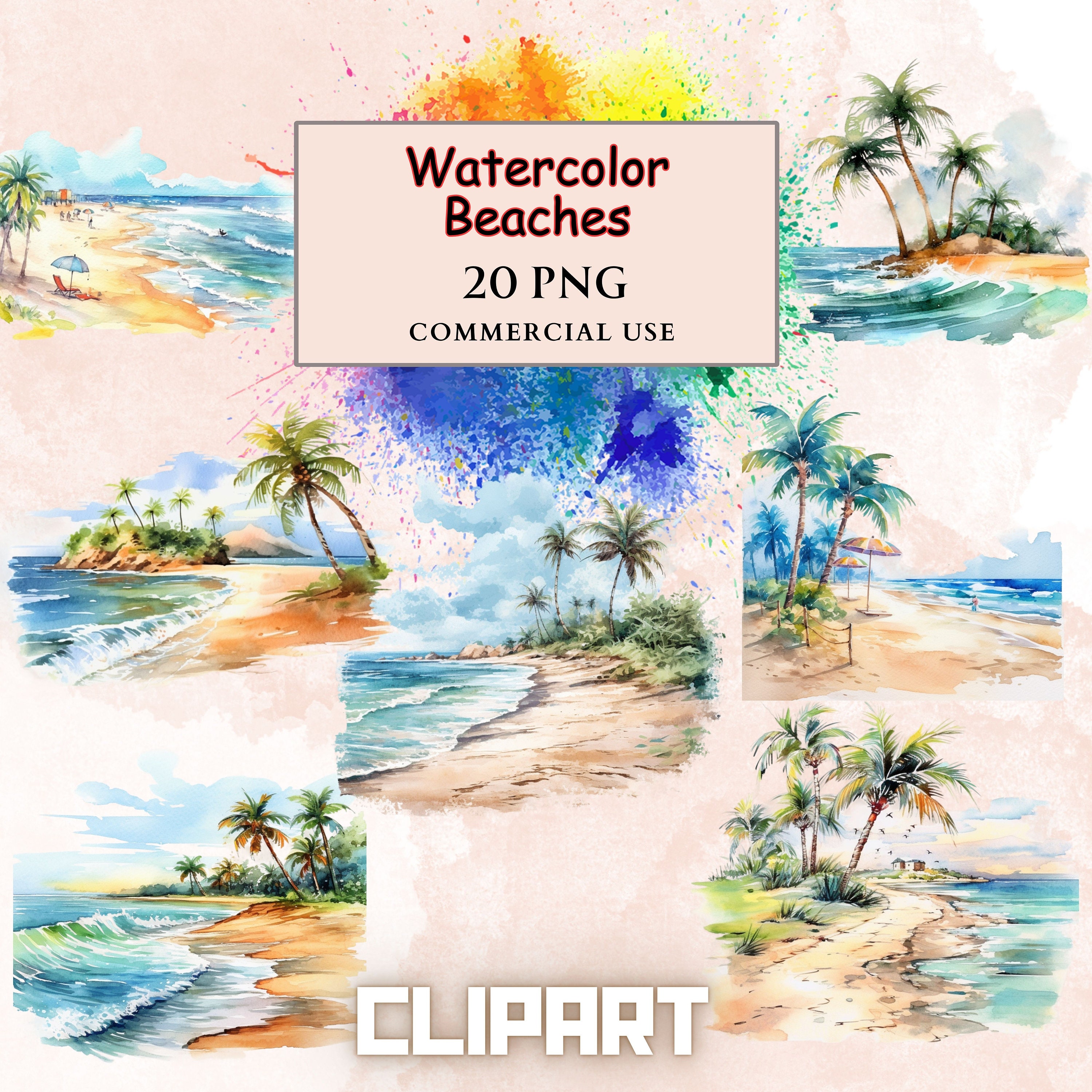 Watercolor Beach Clipart PNG Bundle, Watercolor Digital Scrapbooking ...