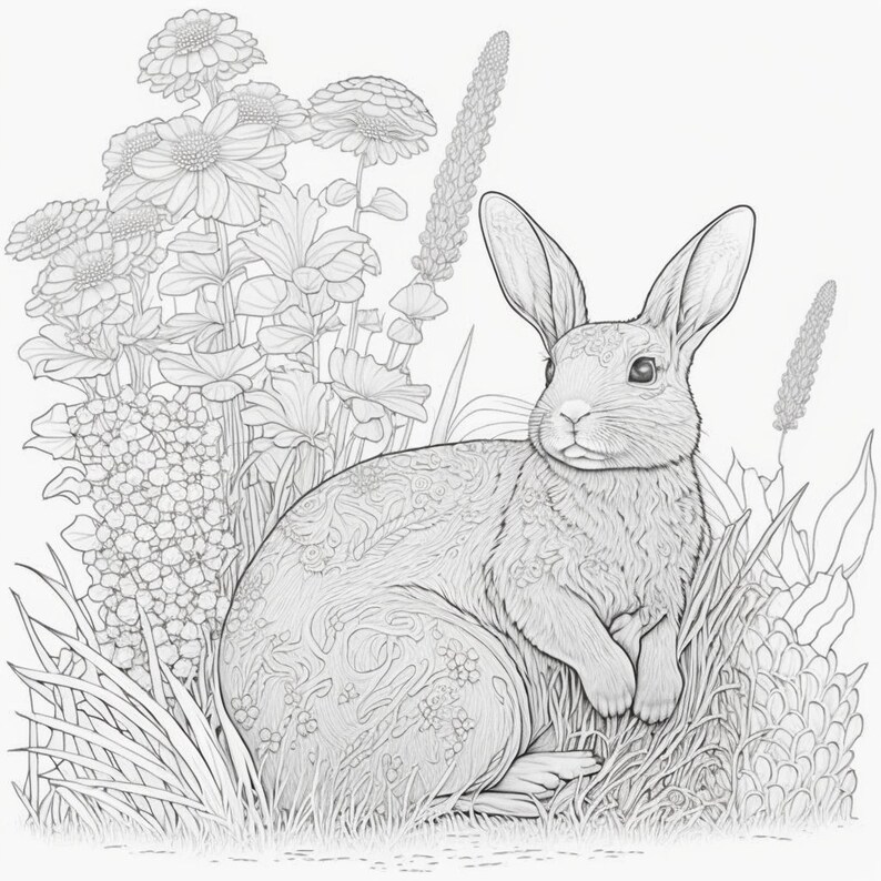 20 Adult Coloring Pages of Rabbits and Flowers, Relaxing, Hobby - Etsy