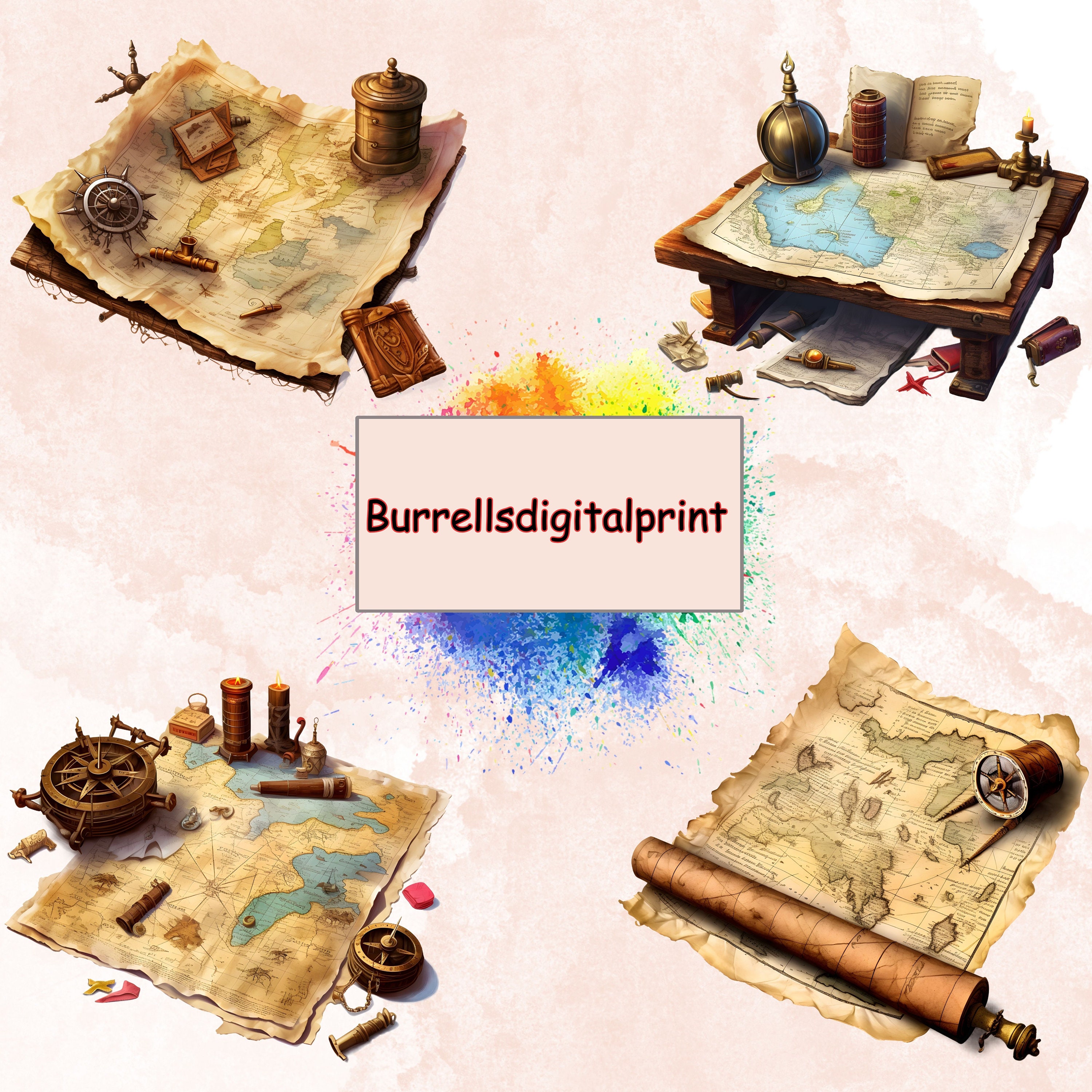 Treasure Map Clipart PNG Bundle, Digital Scrapbooking Elements, Pirate ...