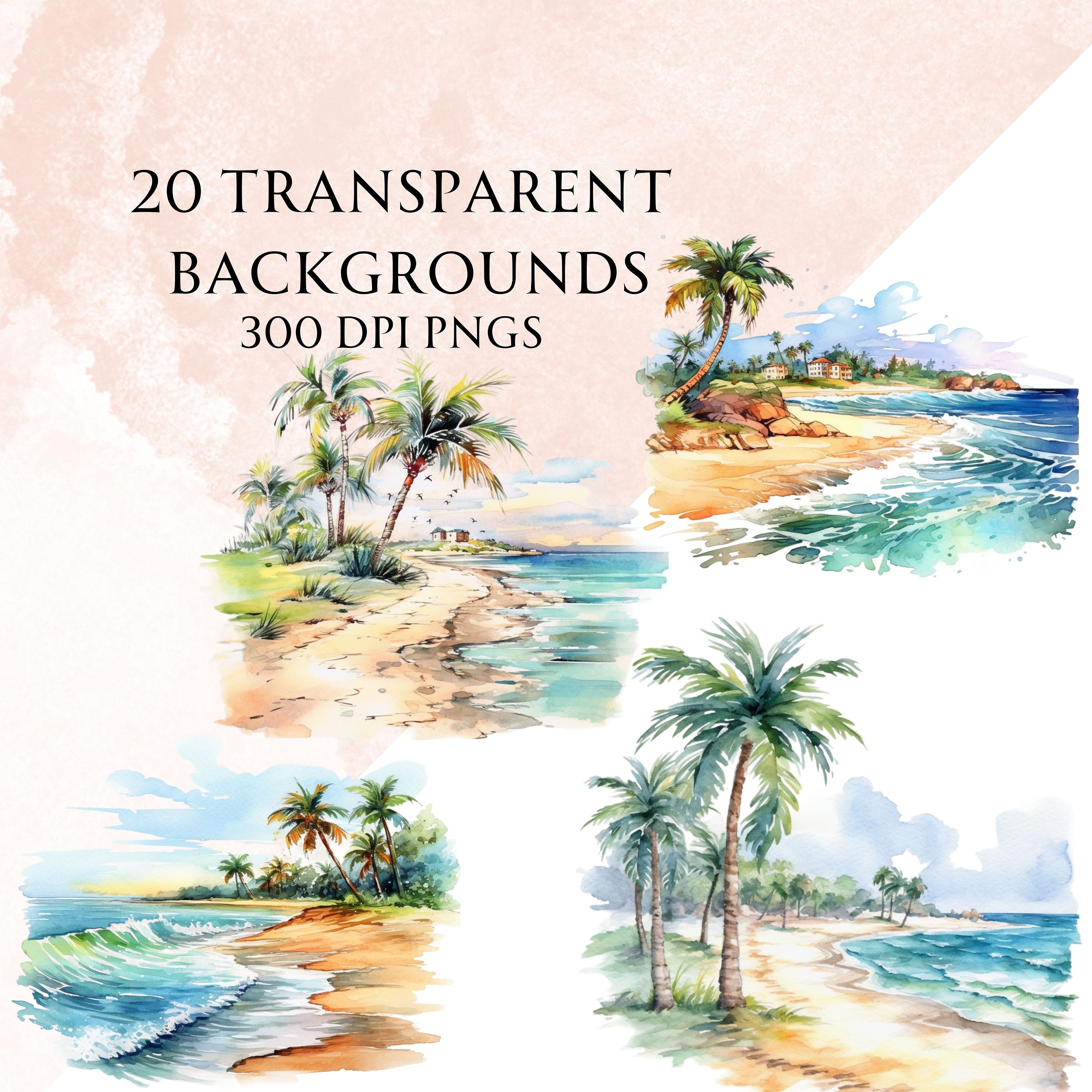 Watercolor Beach Clipart PNG Bundle, Watercolor Digital Scrapbooking ...