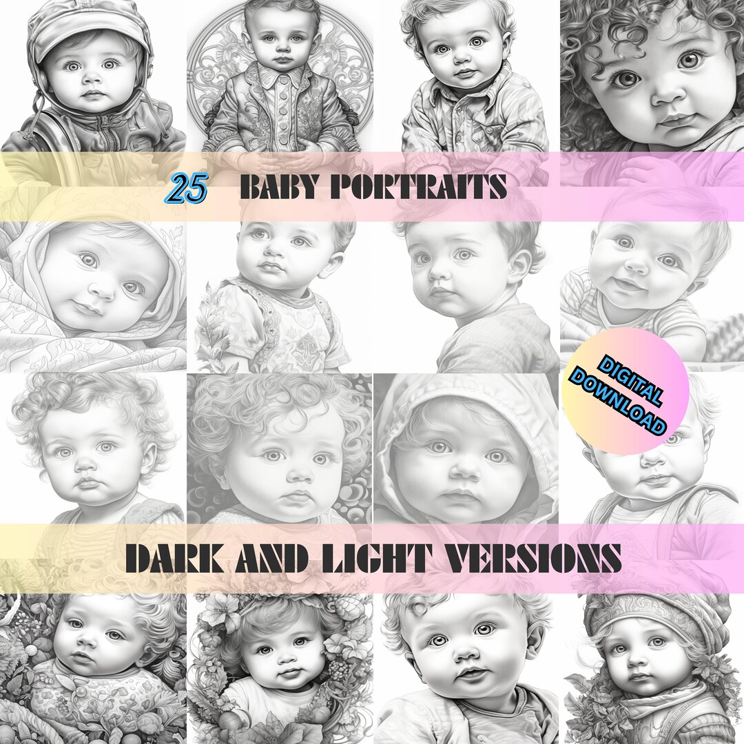 25 Baby Portraits Grayscale Coloring Page, JPEG/PDF Format, Instant ...