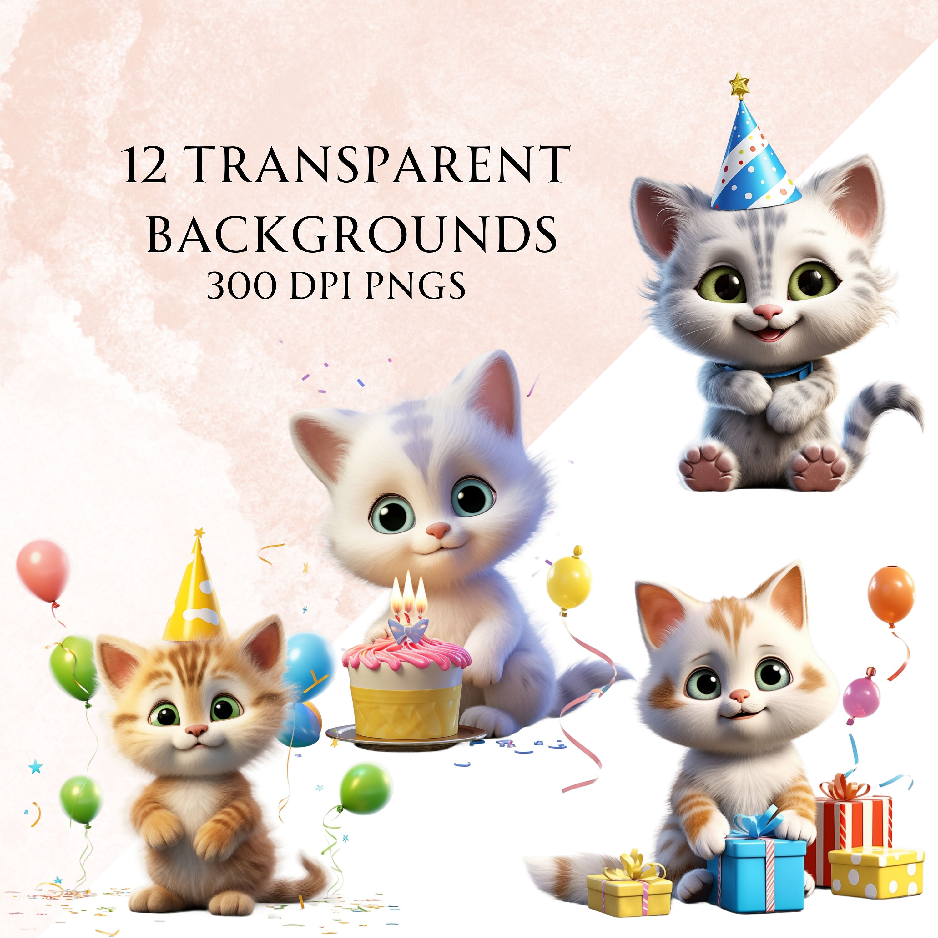 Cute Cat Birthday Clipart: Kids' DIY, Decor, Party, Commercial Use, PNG ...