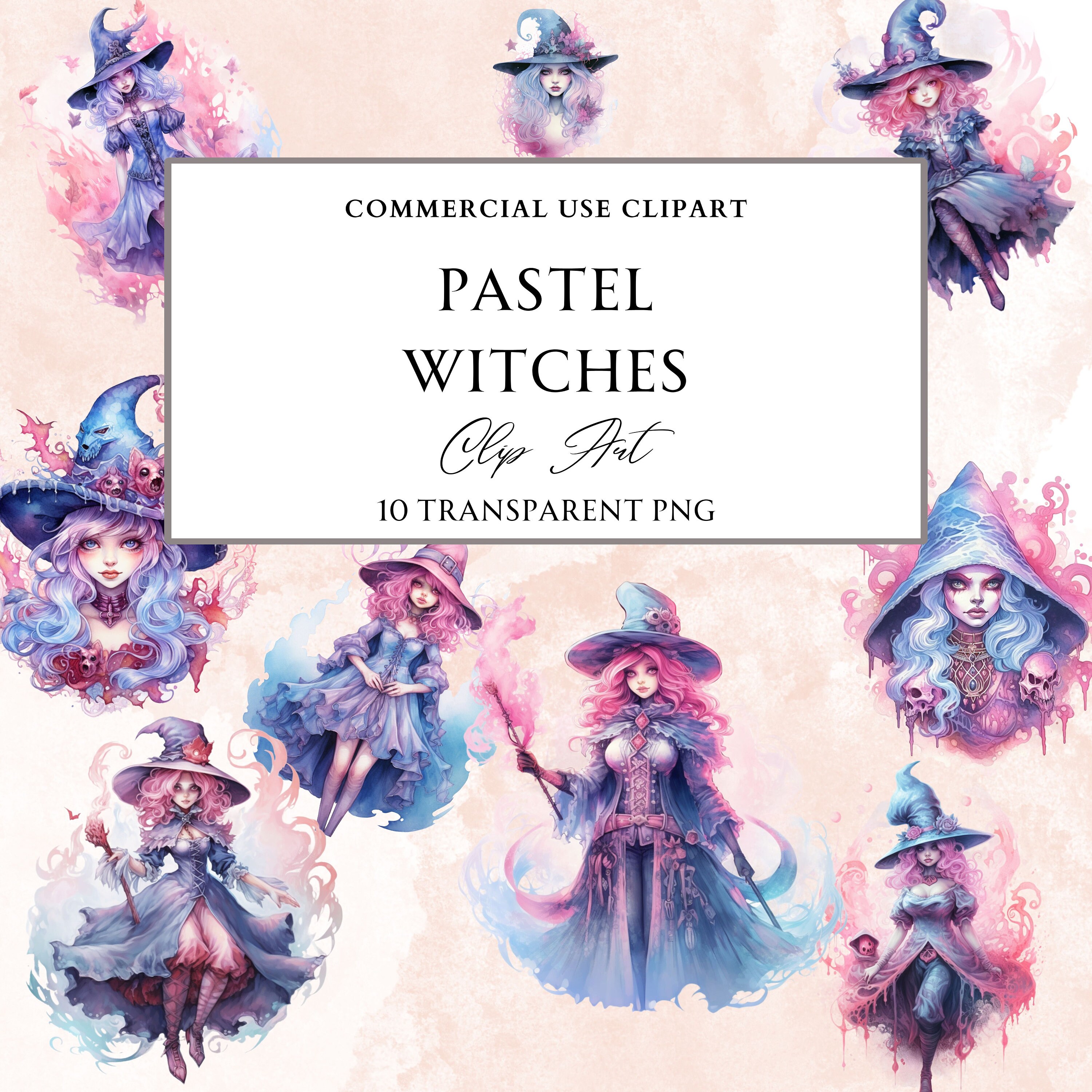 Pastel Witches Clipart Bundle, Clipart for Commercial Use, Transparent ...