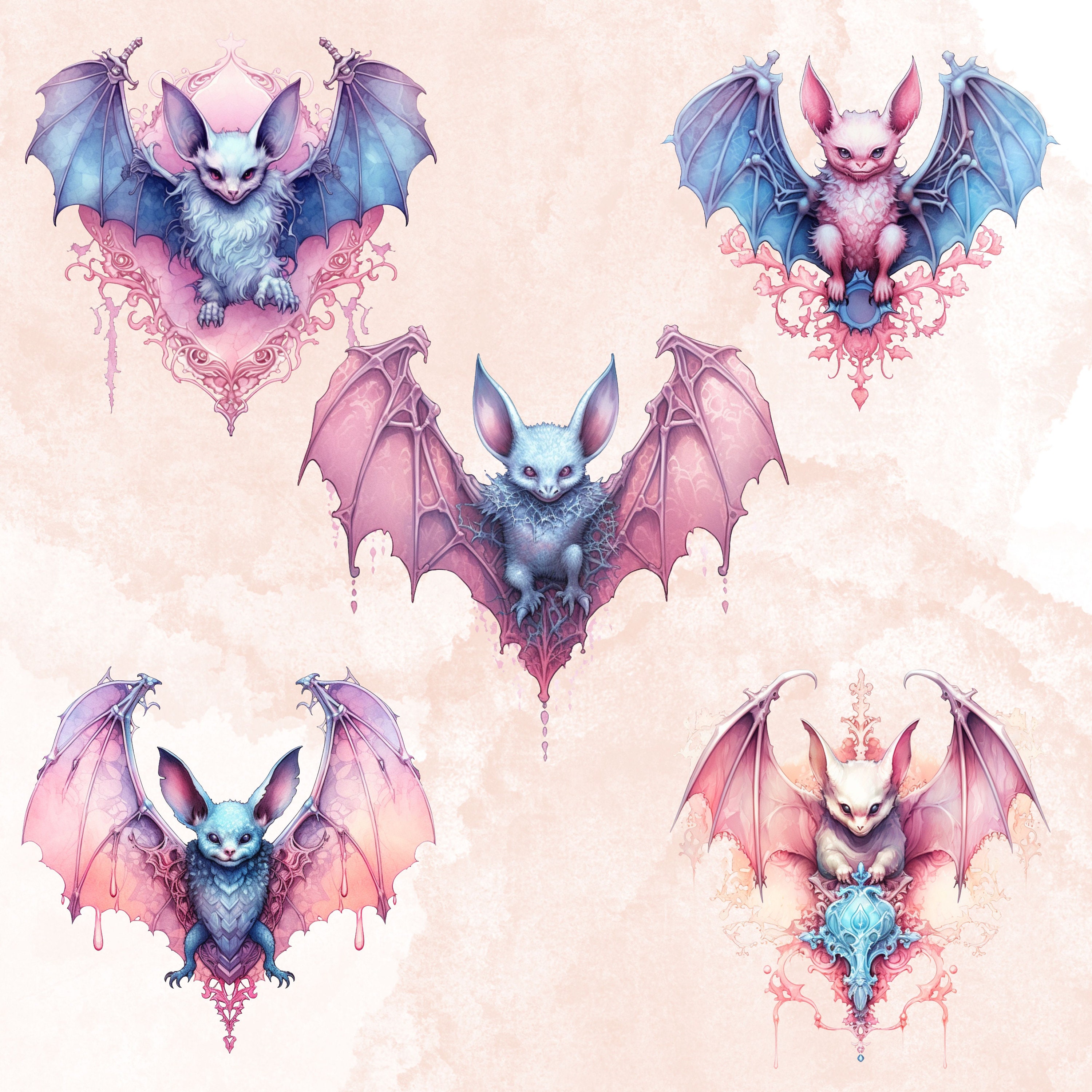 Pastel Bats Clipart Bundle, Clipart for Commercial Use, Transparent ...