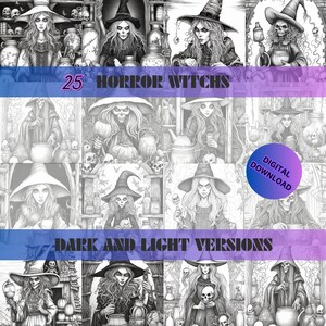 25 Halloween Witch Grayscale Coloring Page, JPEG/PDF Format, Instant ...