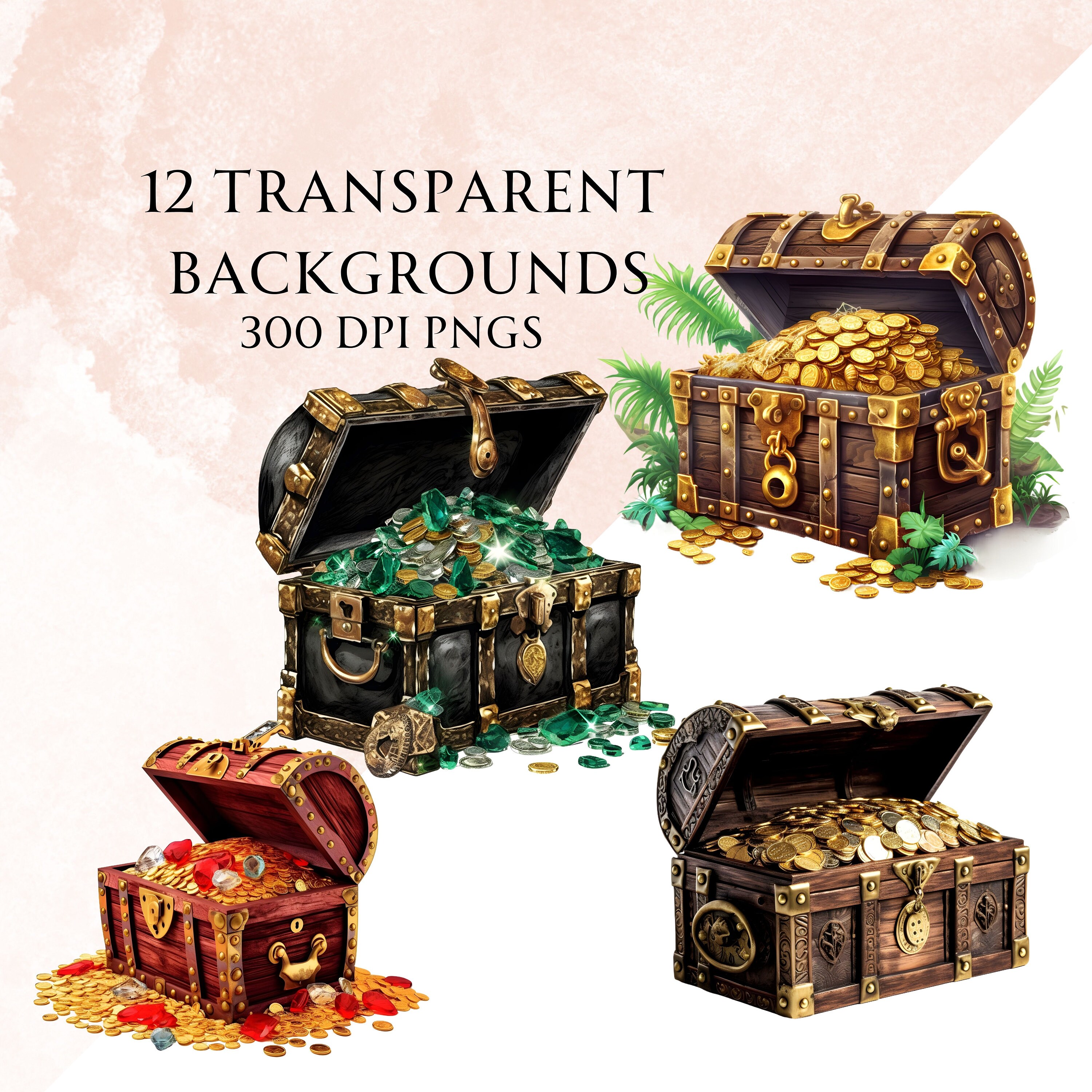 Treasure Chest Clipart PNG Bundle, Digital Scrapbooking Elements ...