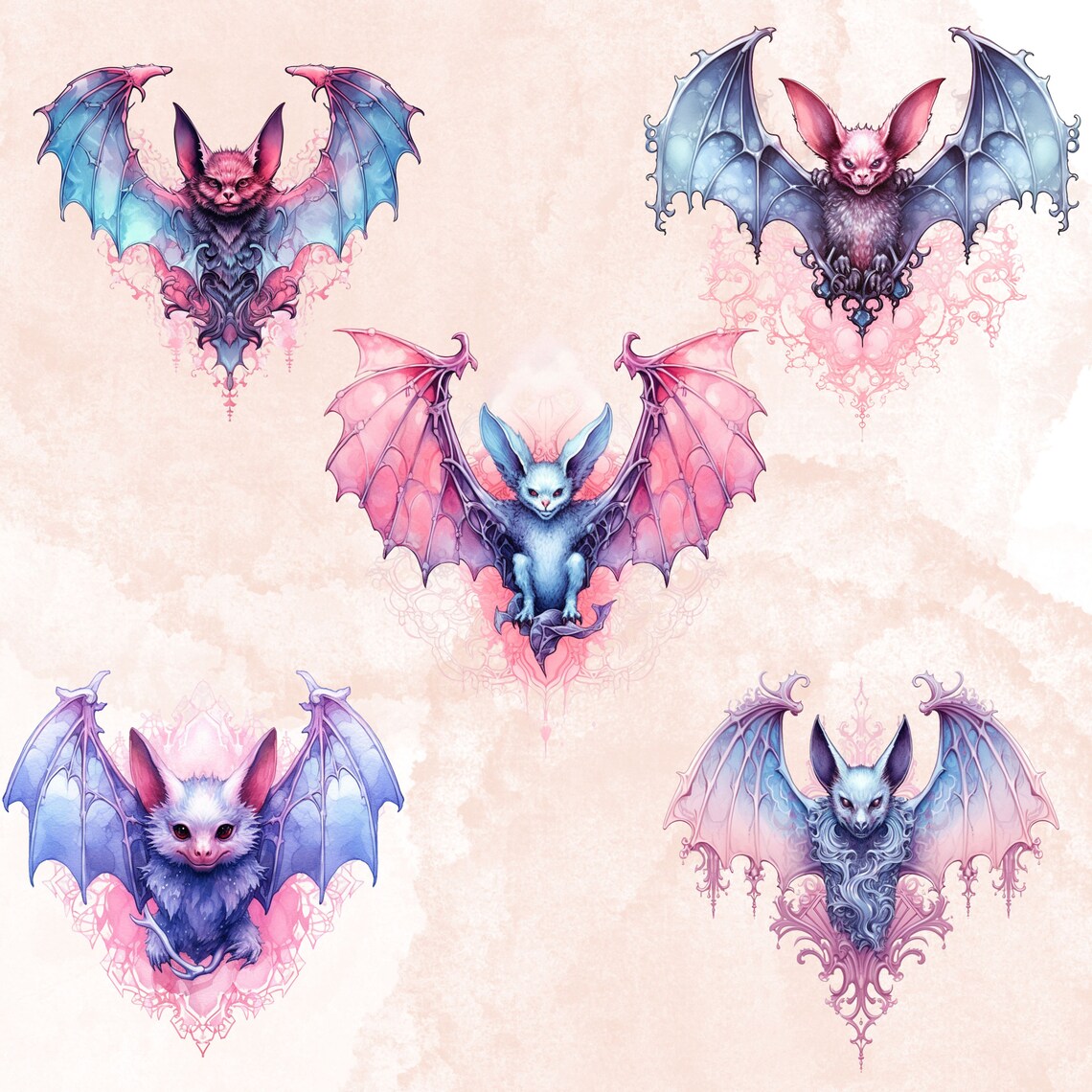 Pastel Bats Clipart Bundle, Clipart for Commercial Use, Transparent ...