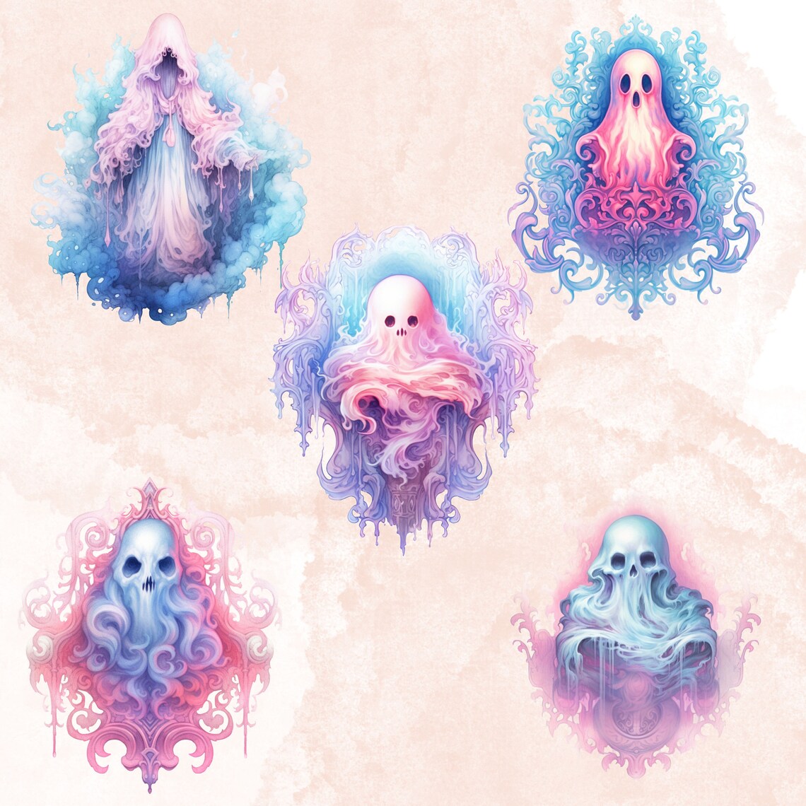 Pastel Ghost Clipart Bundle, Clipart for Commercial Use, Transparent ...