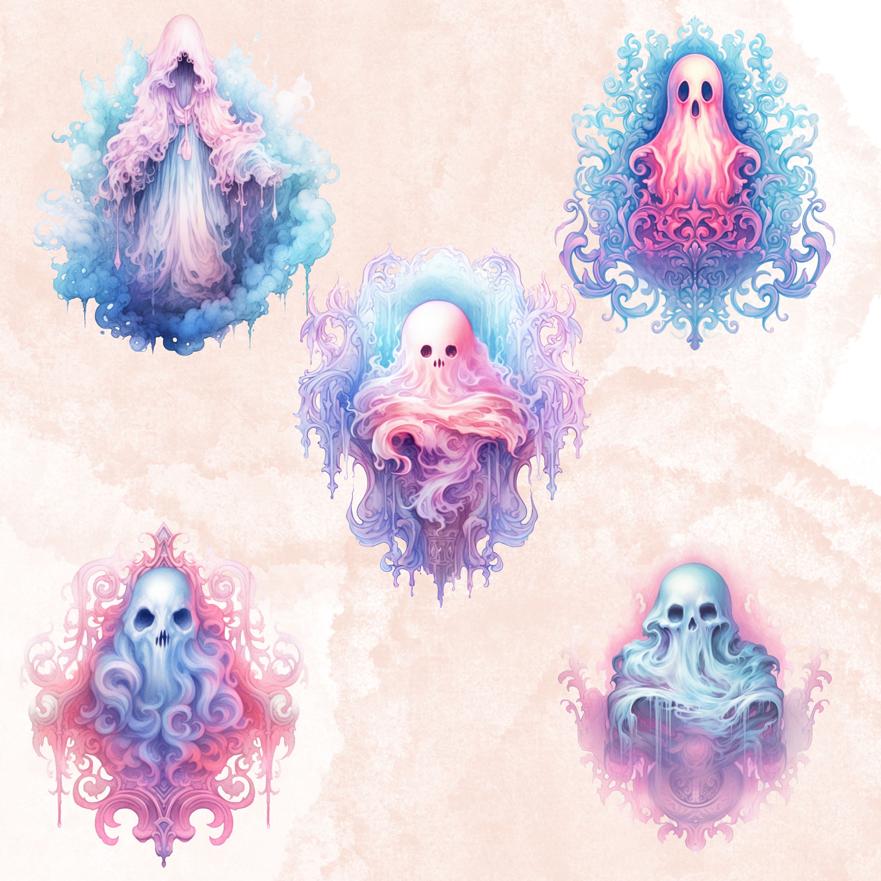 Pastel Ghost Clipart Bundle, Clipart for Commercial Use, Transparent ...