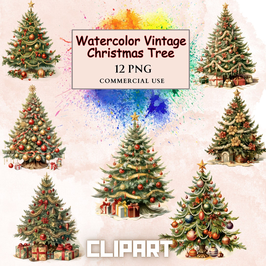 Watercolor Vintage Christmas Tree Clipart PNG Bundle, Watercolor ...