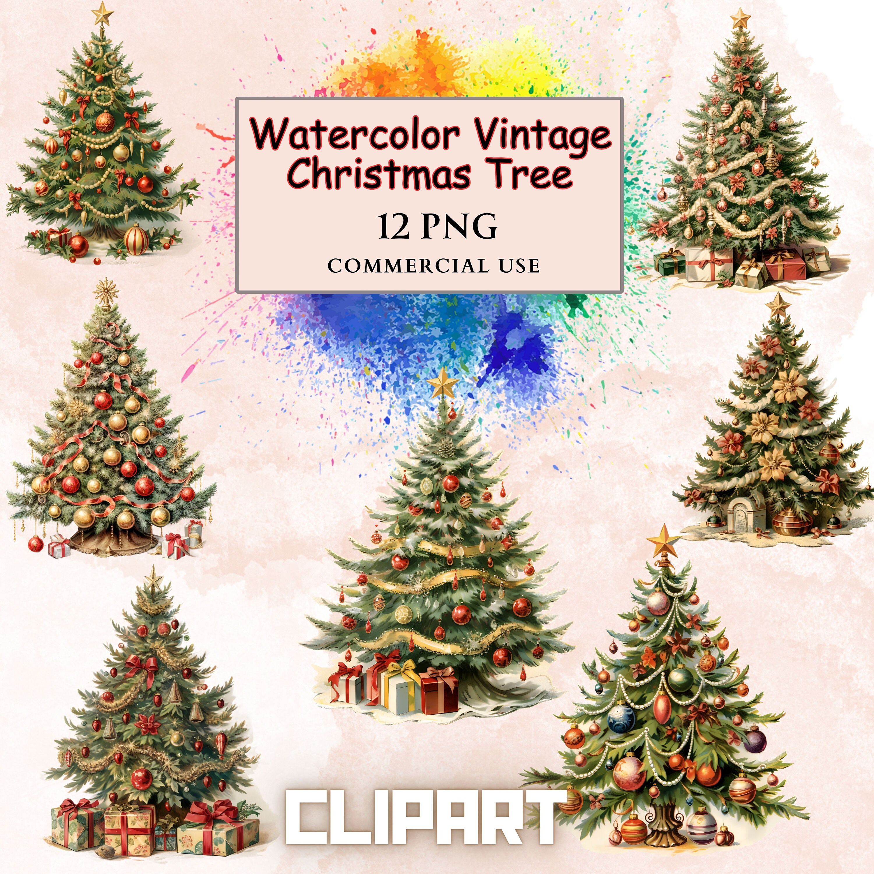 Watercolor Vintage Christmas Tree Clipart PNG Bundle, Watercolor ...