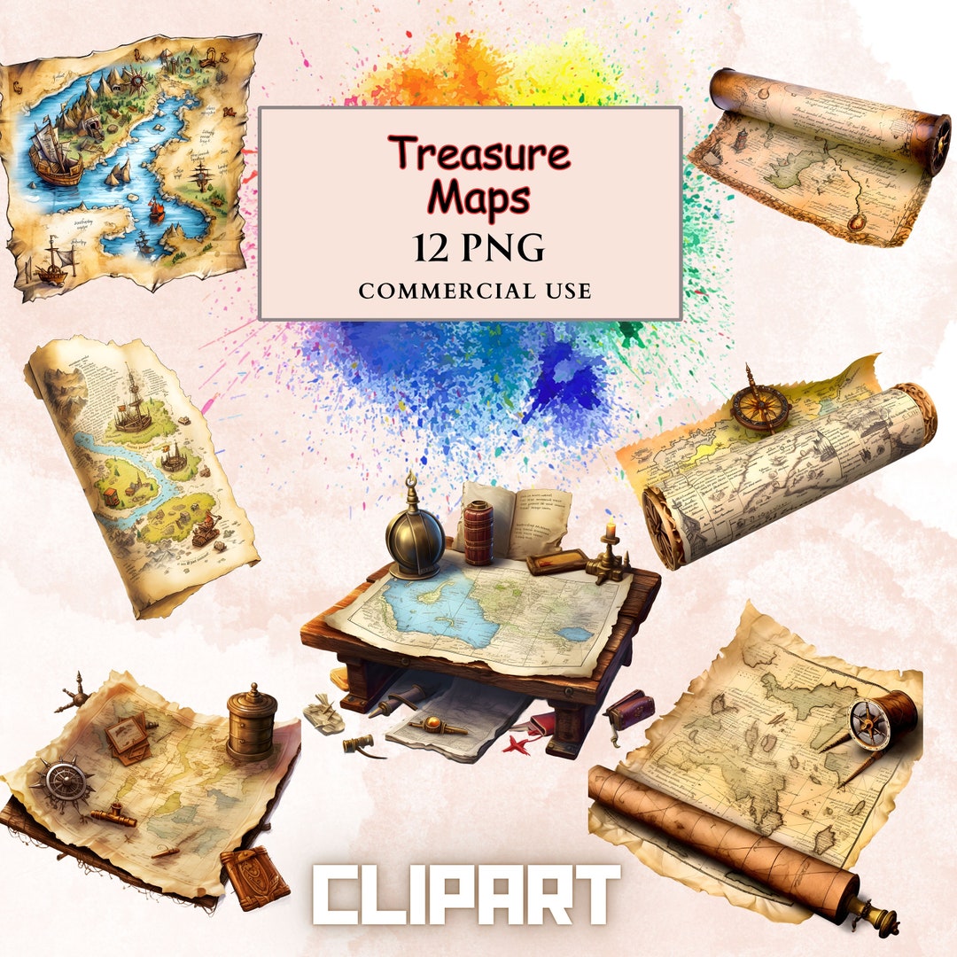 Treasure Map Clipart PNG Bundle, Digital Scrapbooking Elements, Pirate ...