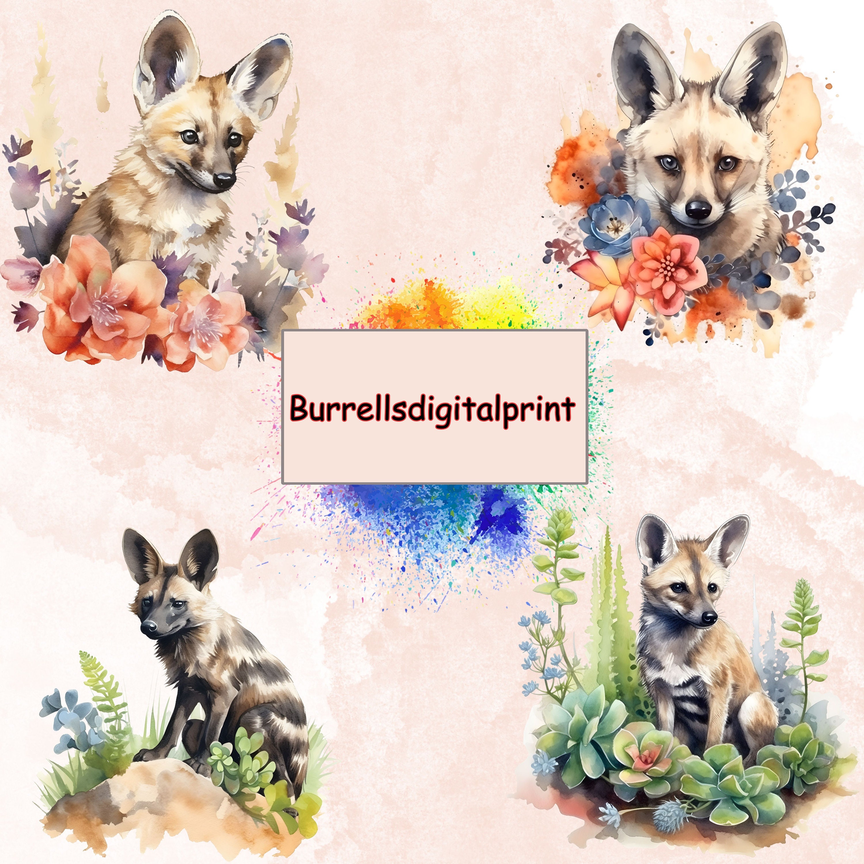 Watercolor Aardwolf Clipart PNG Bundle, Digital Scrapbooking Elements ...
