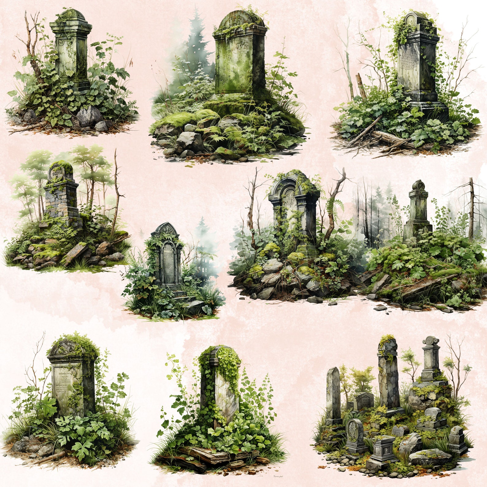 Woodland Gravestones Clipart Bundle, Clipart for Commercial Use ...