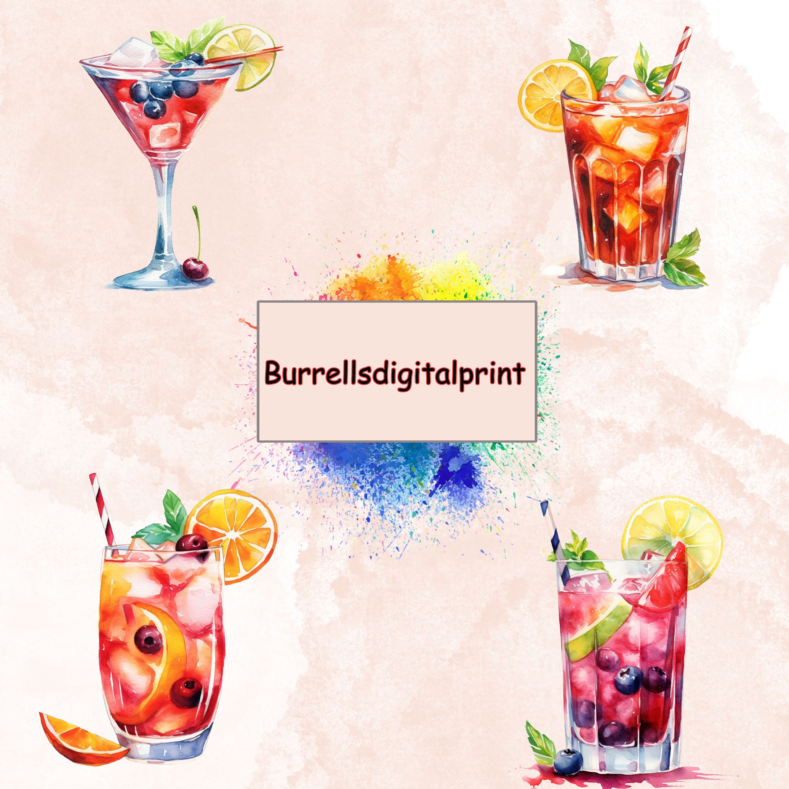 Watercolor Summer Cocktail Clipart PNG Bundle, Watercolor Digital ...