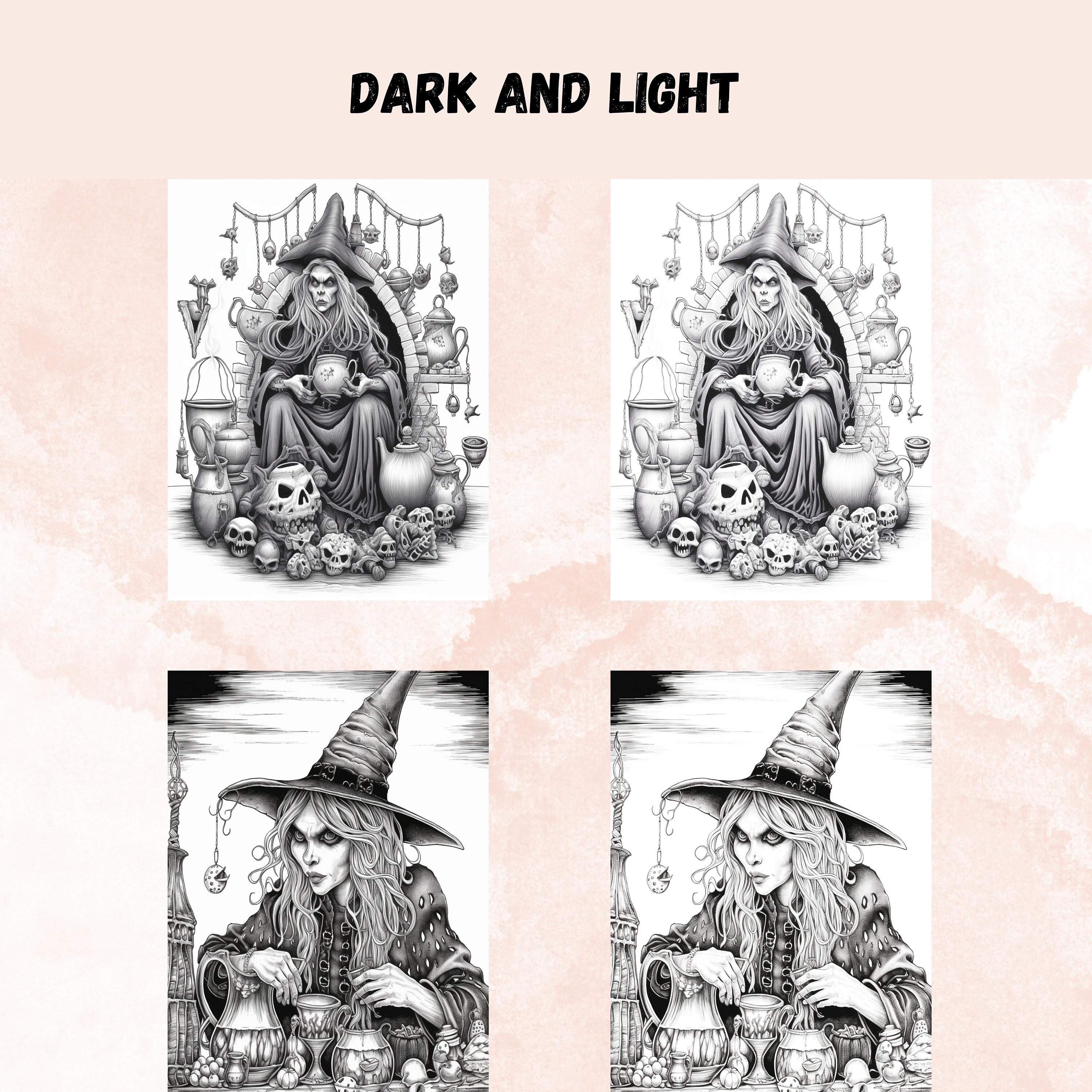 25 Halloween Witch Grayscale Coloring Page, JPEG/PDF Format, Instant ...
