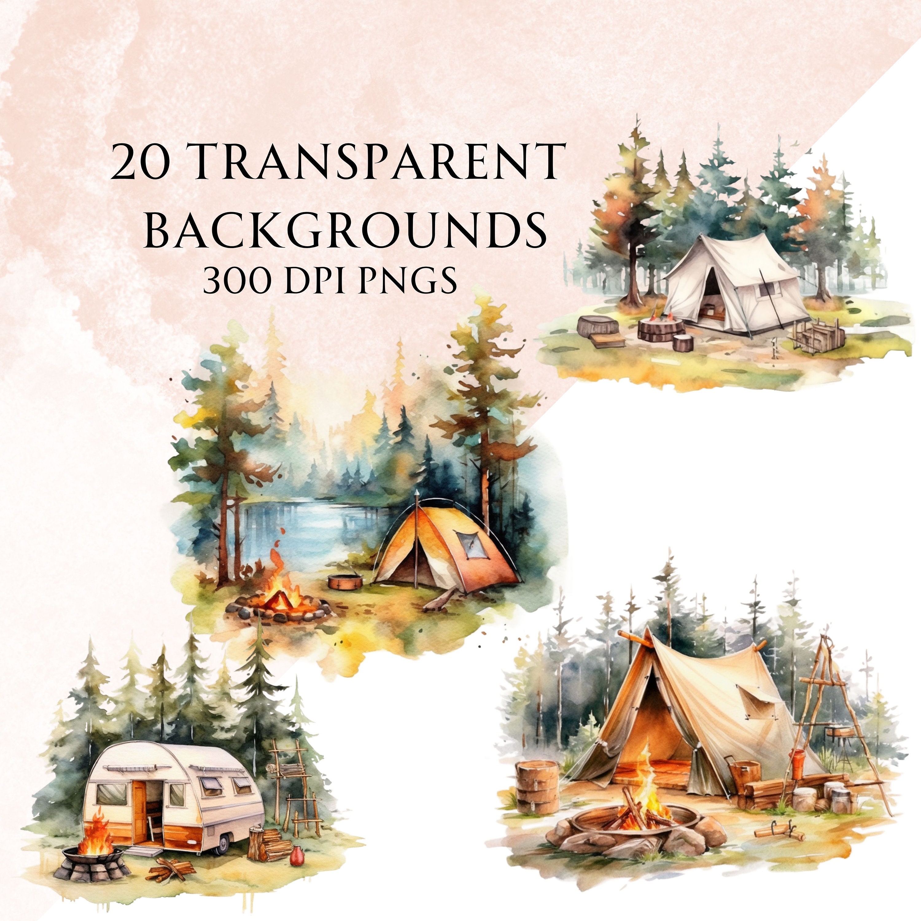Watercolor Camping Clipart PNG Bundle, Watercolor Digital Scrapbooking ...