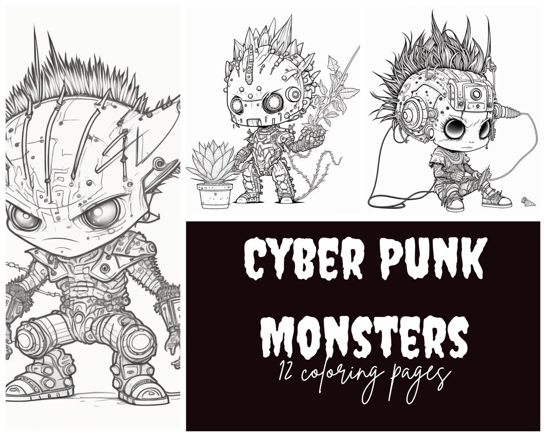 12 Pack Stress Relief Coloring Page, Cyber Punk Adorable Monster ...