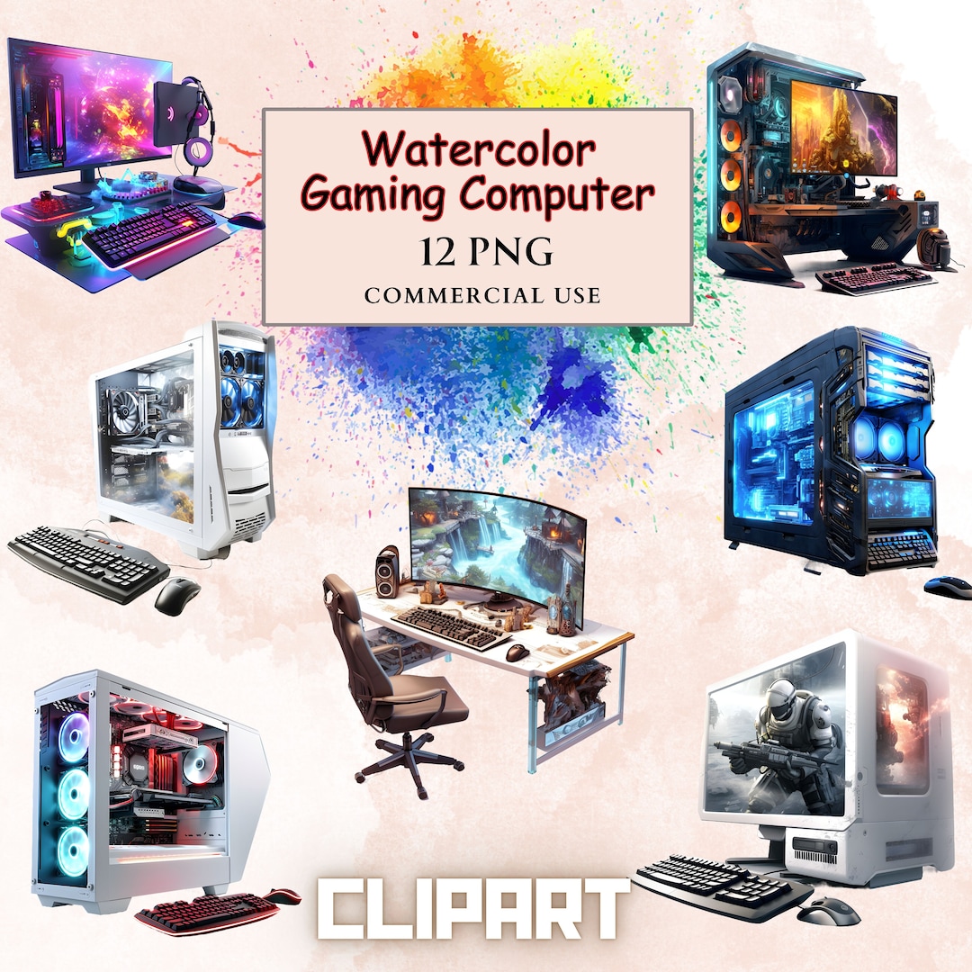 Gaming Computer Clipart PNG Bundle, Watercolor Digital Scrapbooking ...