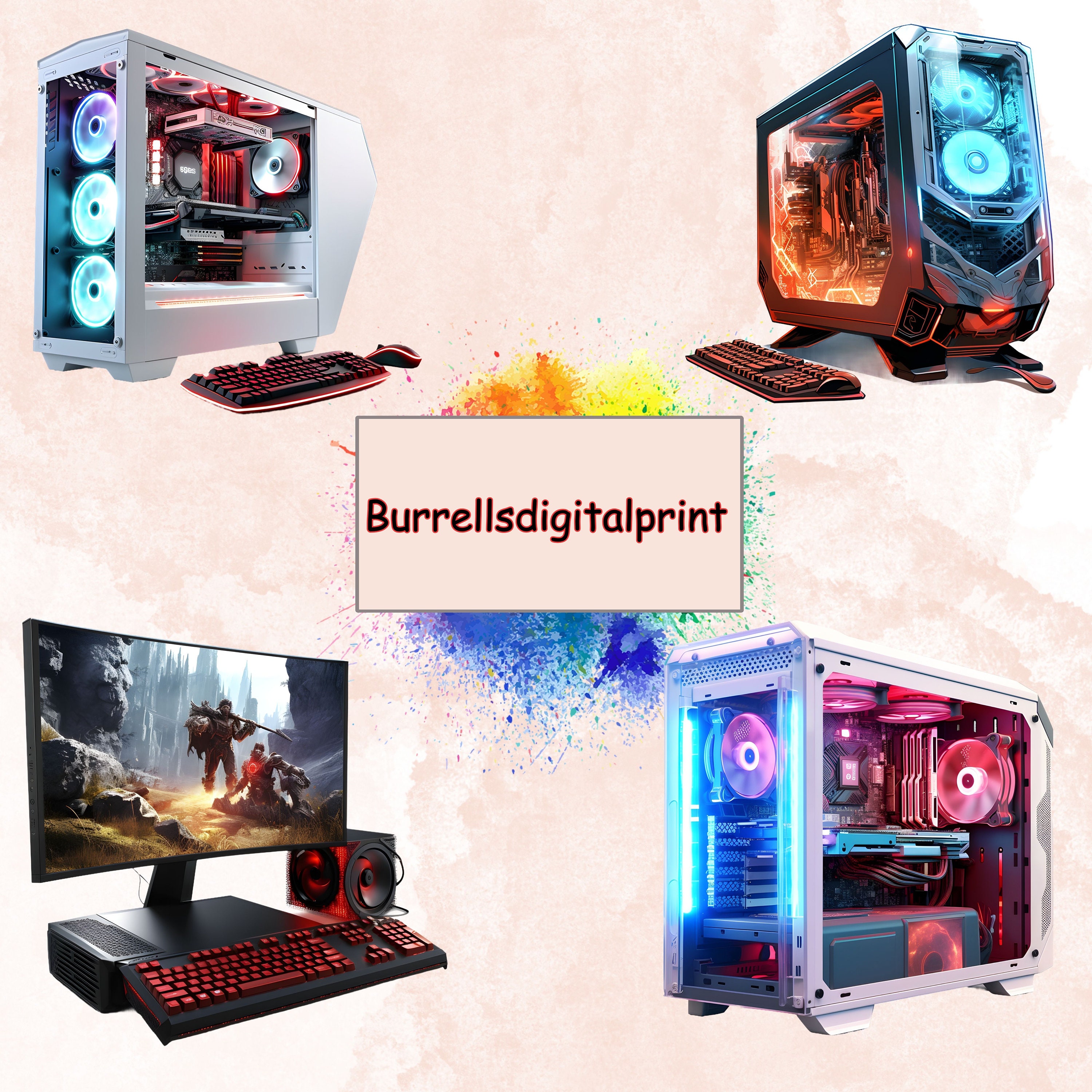 Gaming Computer Clipart PNG Bundle, Watercolor Digital Scrapbooking ...