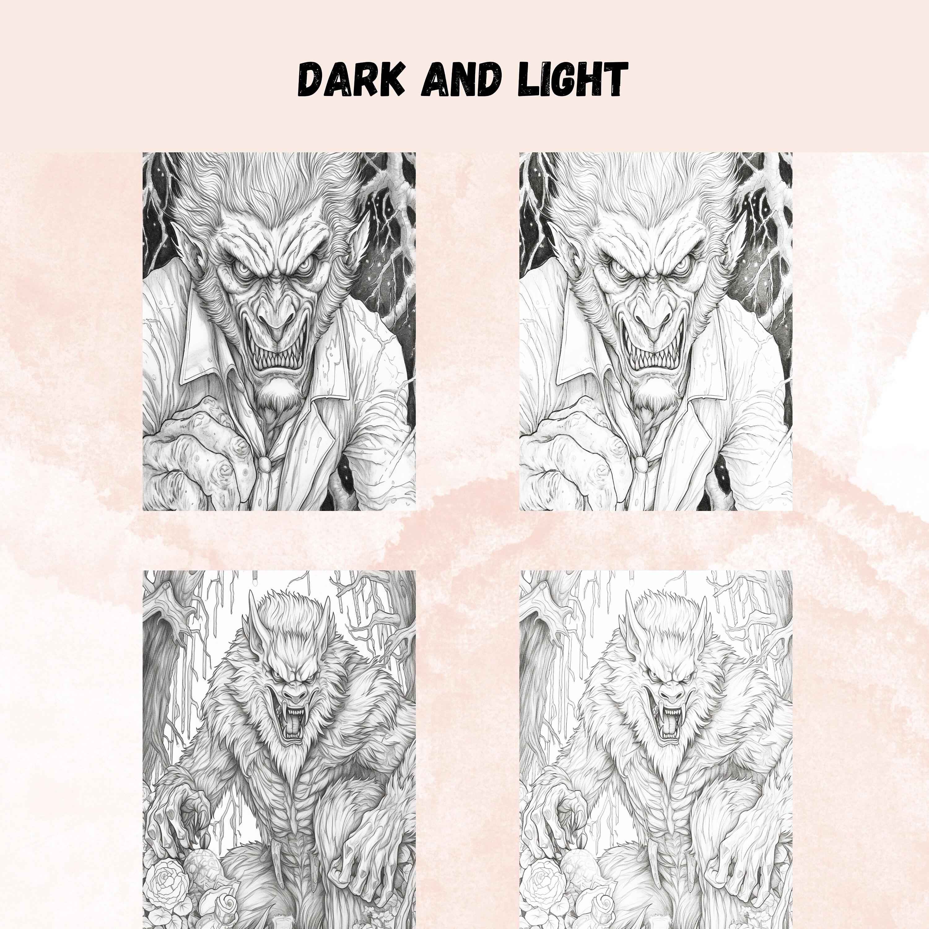 25 Halloween Werewolf Grayscale Coloring Page, JPEG/PDF Format, Instant ...