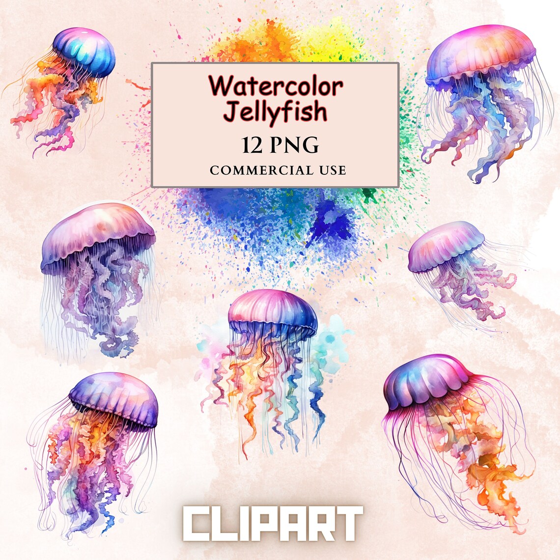 Watercolor Jellyfish Clipart PNG Bundle, Watercolor Digital ...
